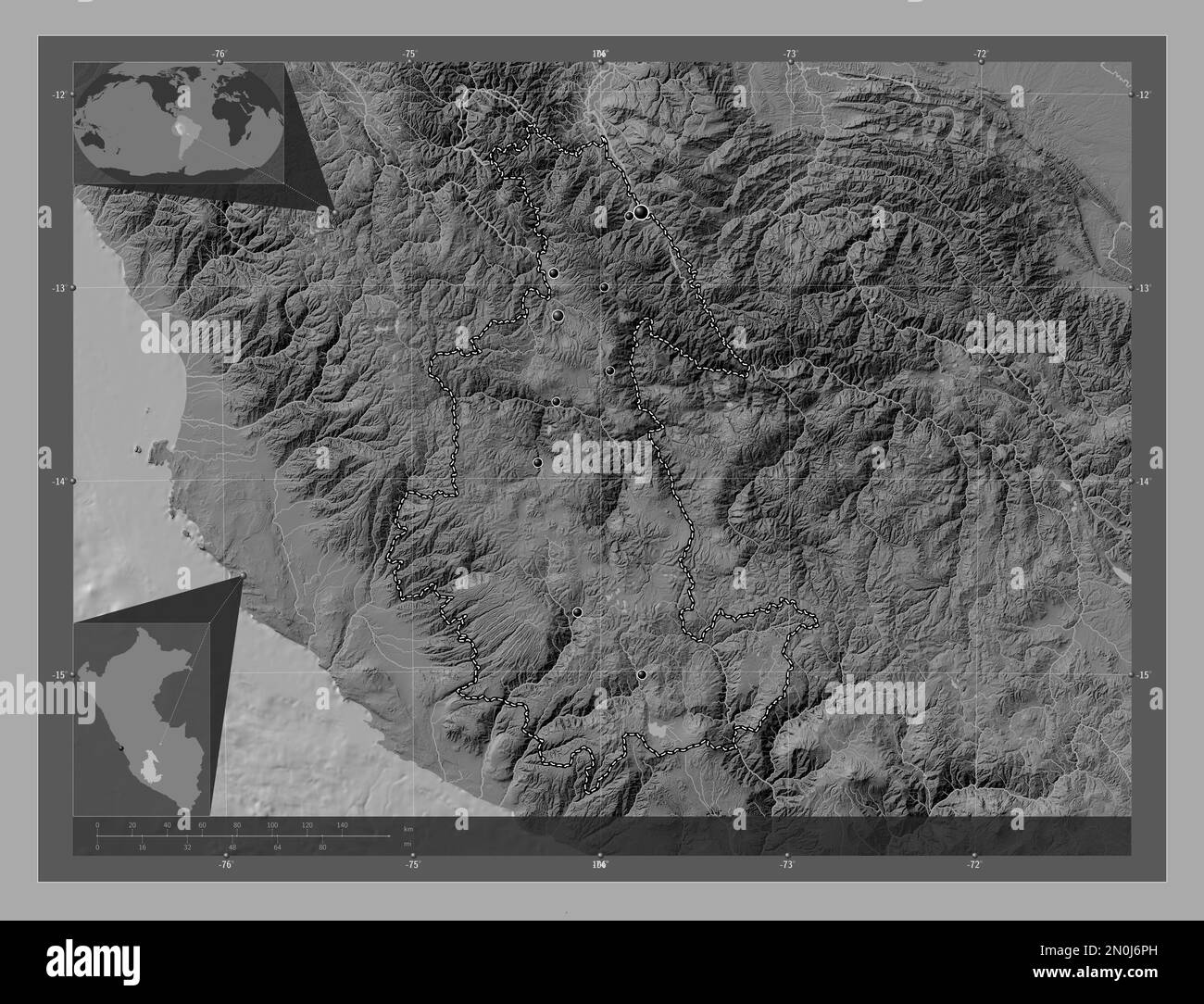 Ayacucho, region of Peru. Bilevel elevation map with lakes and rivers ...