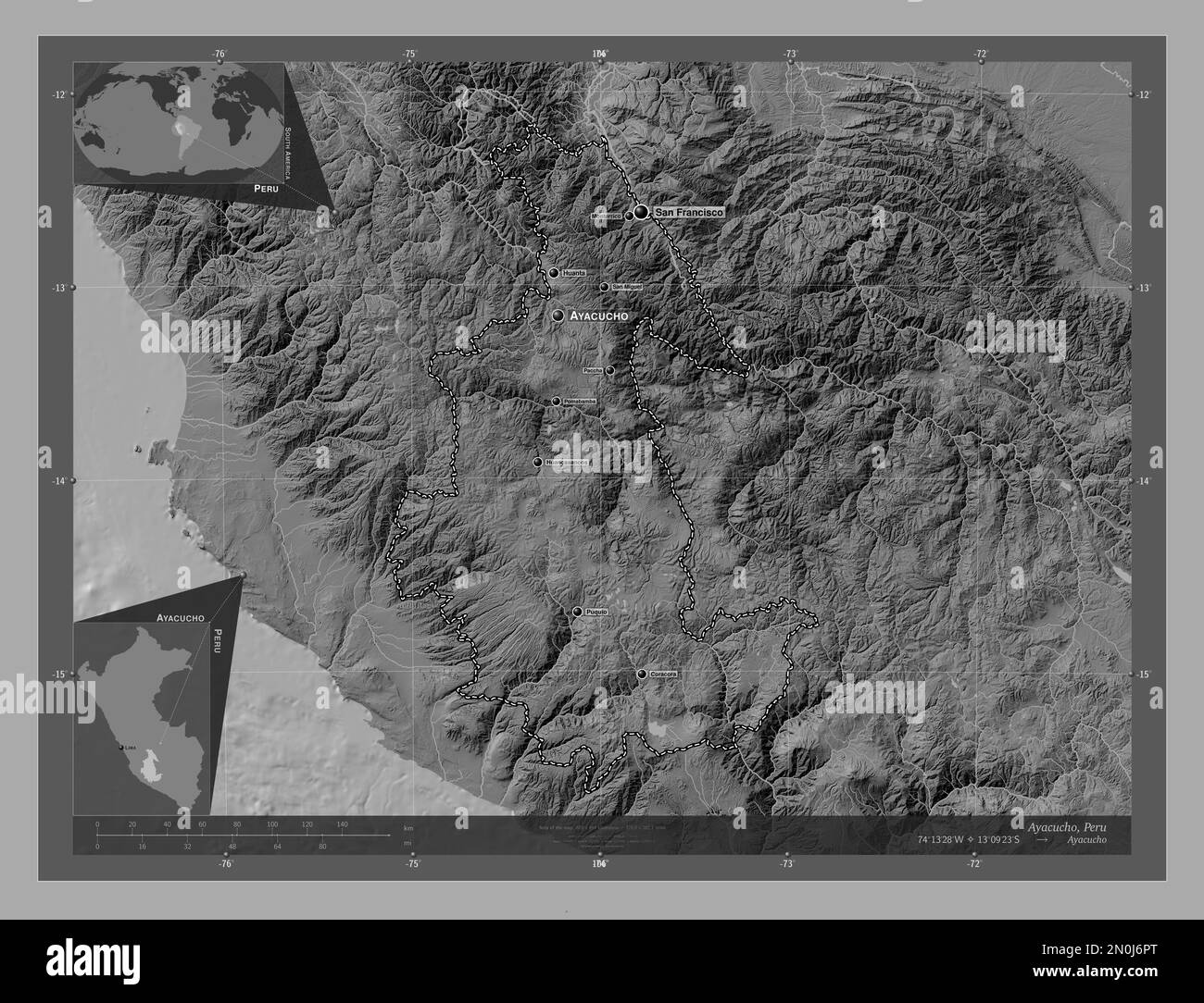 Ayacucho, region of Peru. Bilevel elevation map with lakes and rivers ...