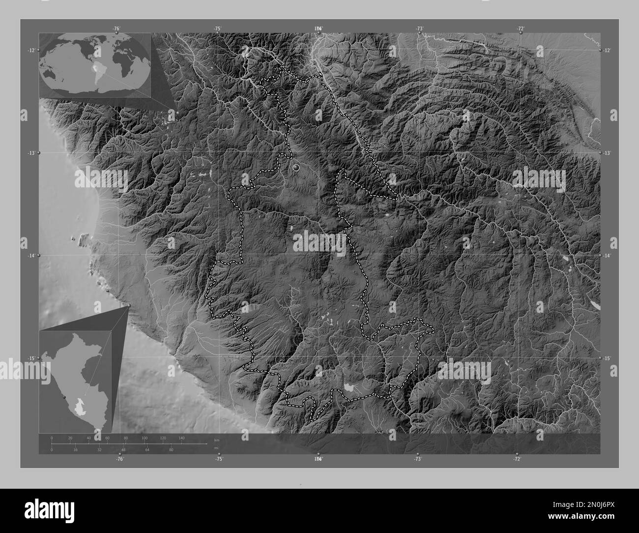 Ayacucho, region of Peru. Grayscale elevation map with lakes and rivers. Corner auxiliary ...