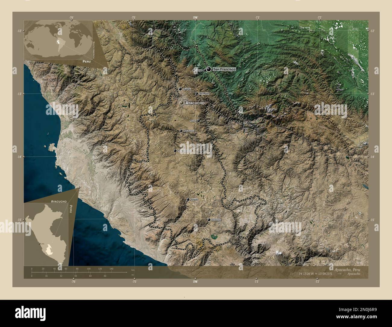 Ayacucho, region of Peru. High resolution satellite map. Locations and names of major cities of ...