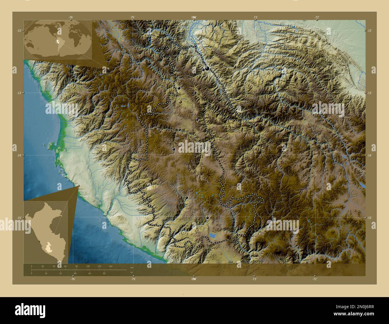 Ayacucho, region of Peru. Colored elevation map with lakes and rivers ...