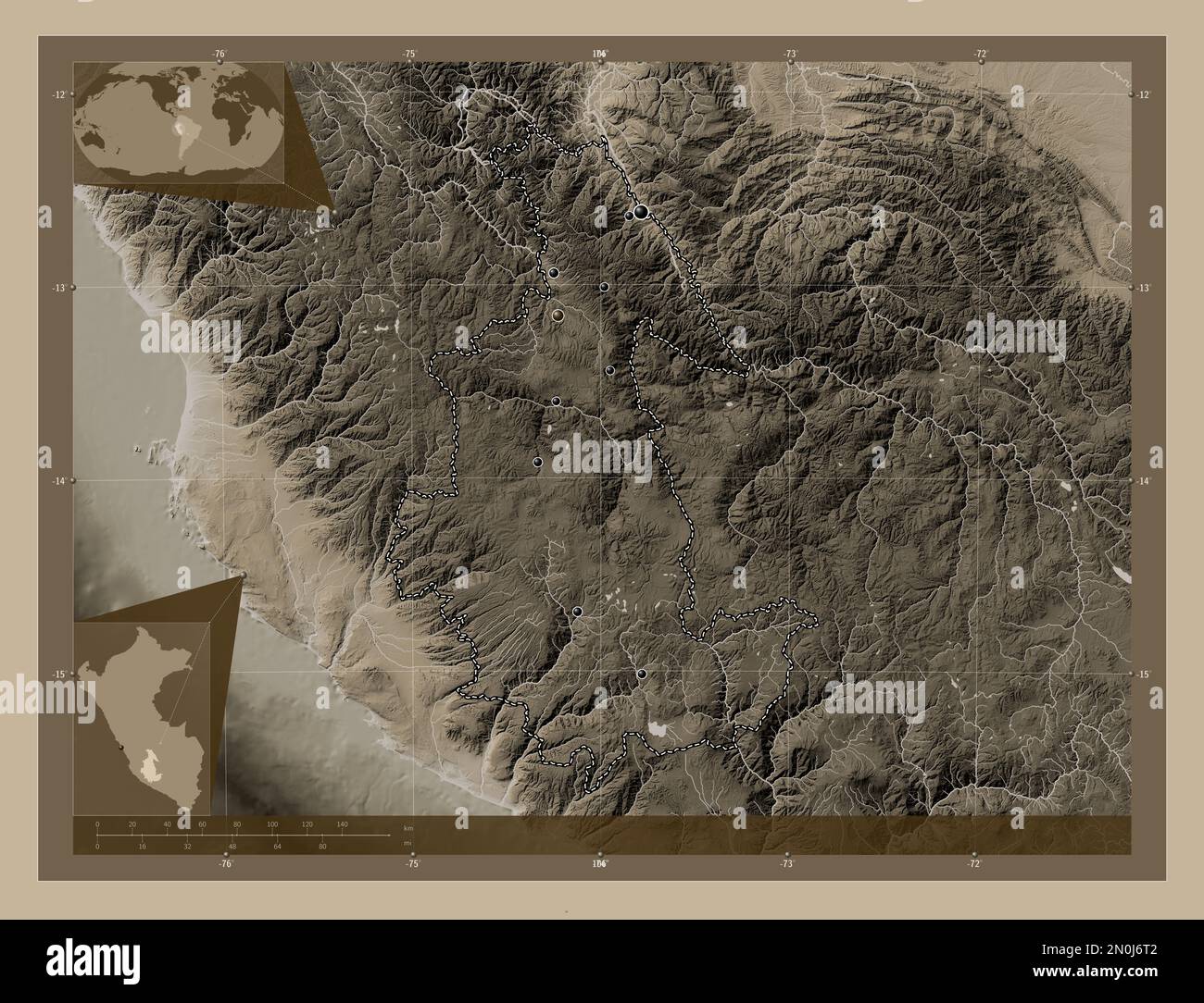Ayacucho, region of Peru. Elevation map colored in sepia tones with ...