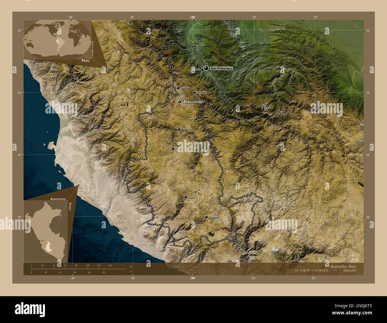 Ayacucho, region of Peru. Low resolution satellite map. Locations and ...