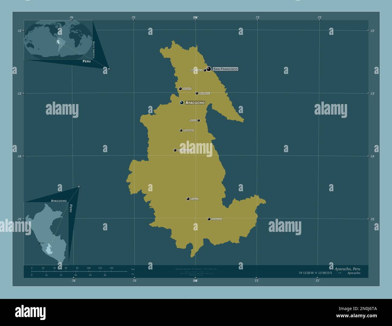 Ayacucho, region of Peru. Solid color shape. Locations and names of ...