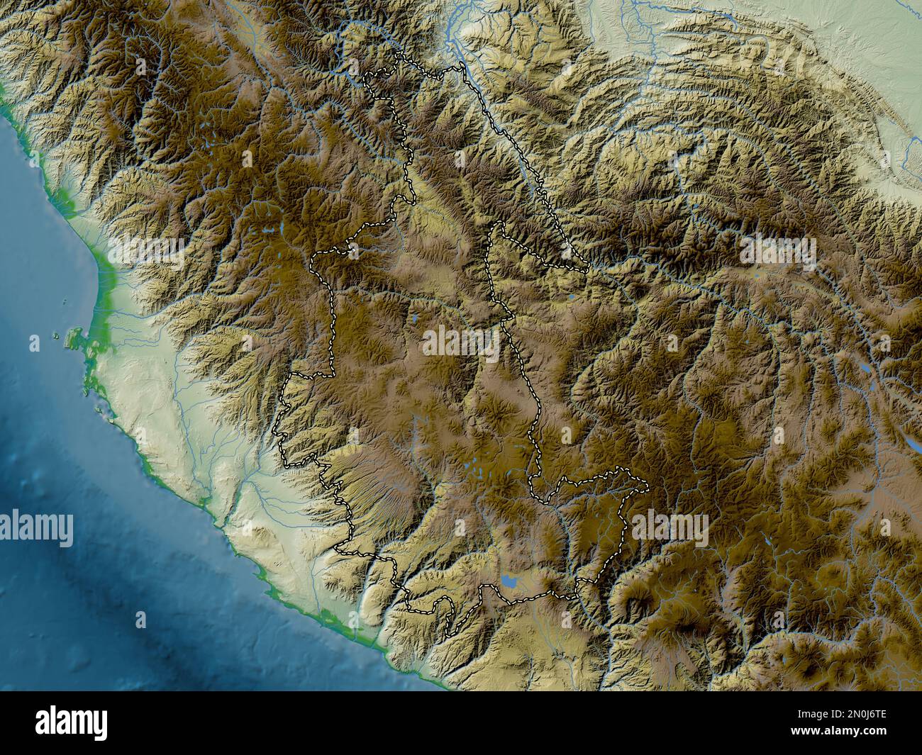 Ayacucho, region of Peru. Colored elevation map with lakes and rivers ...