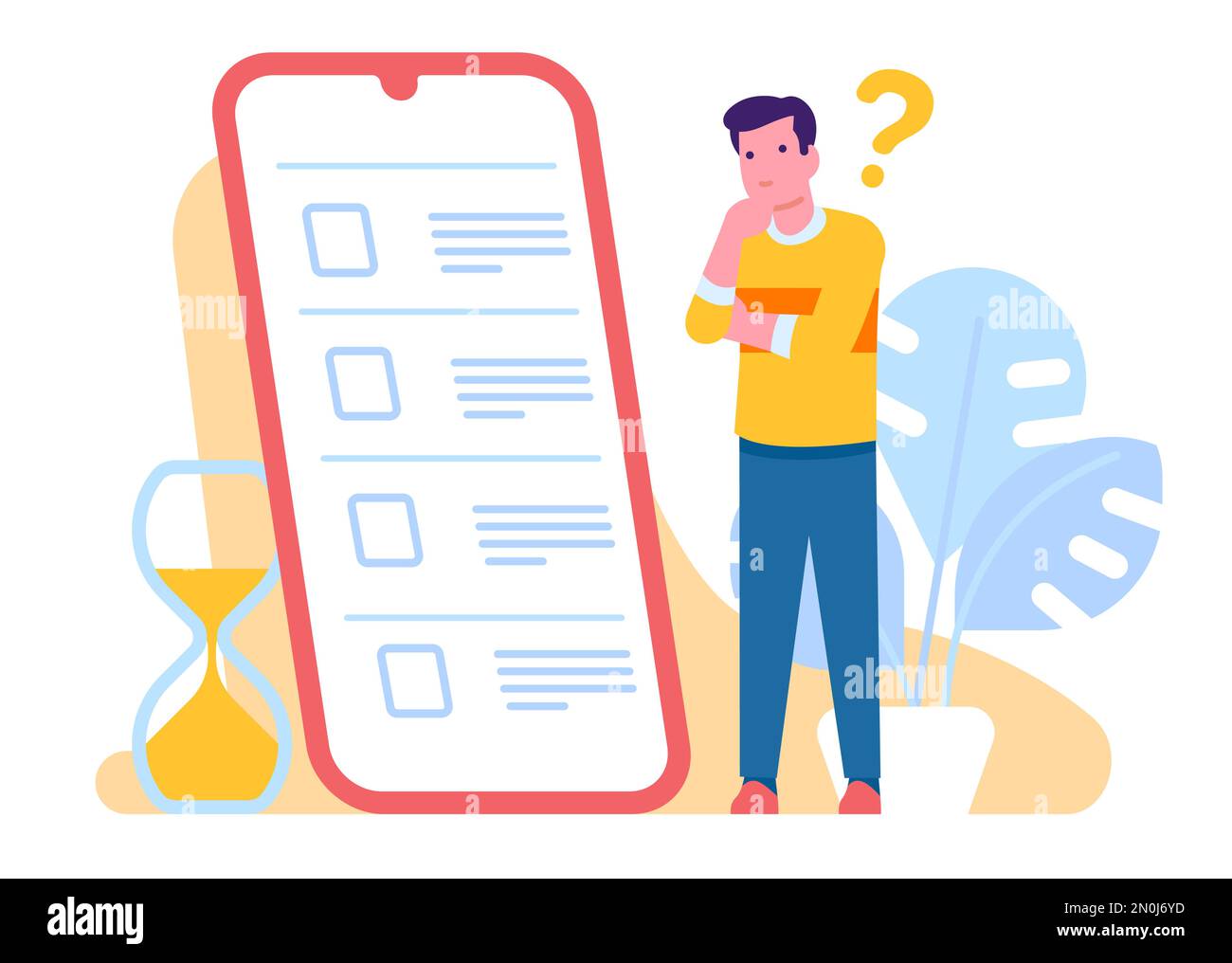 Online survey. Man thinking about question. Smartphone screen. Person ...