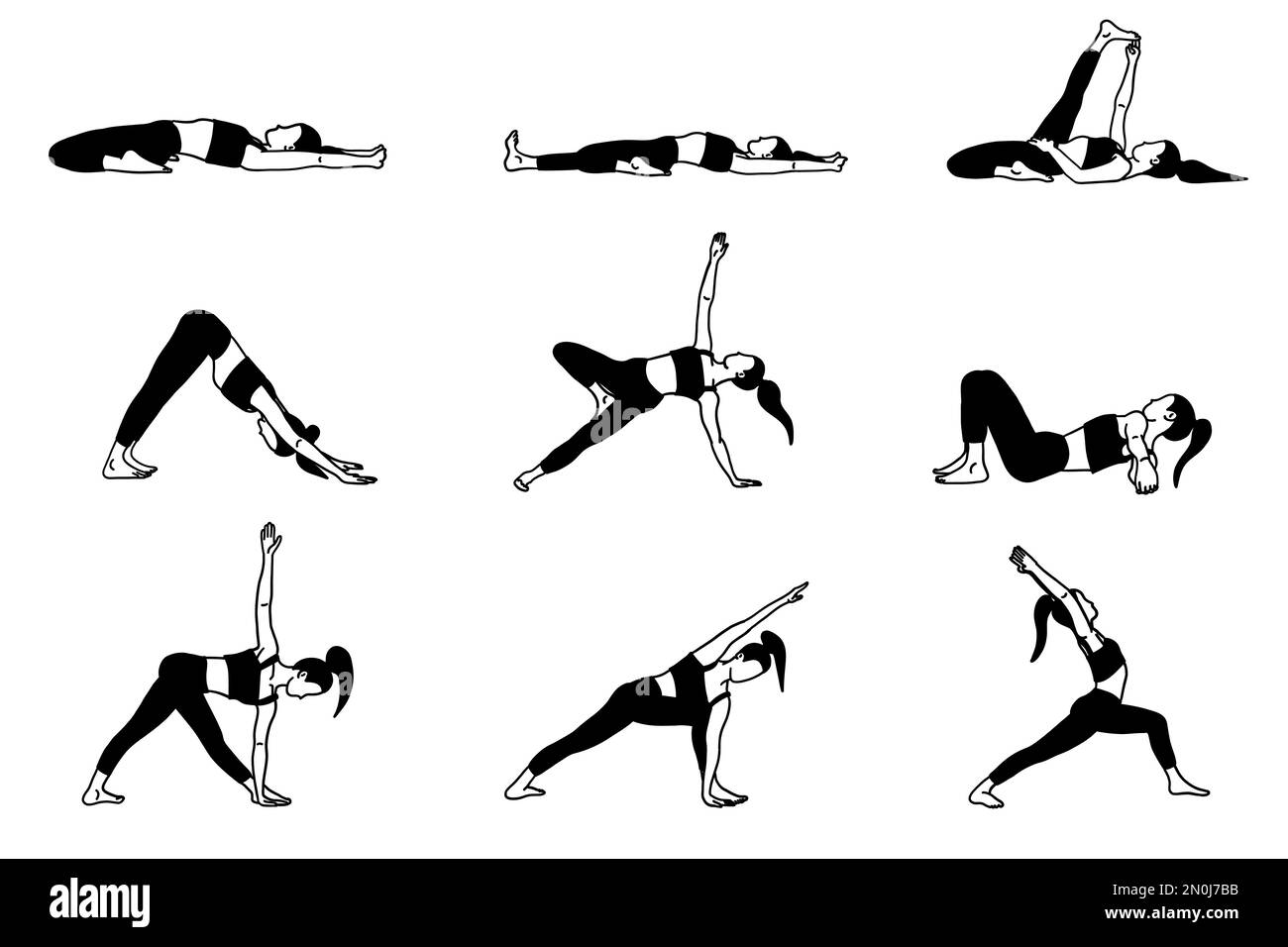 Yoga poses collection. Black and white. Female woman girl. Vector ...