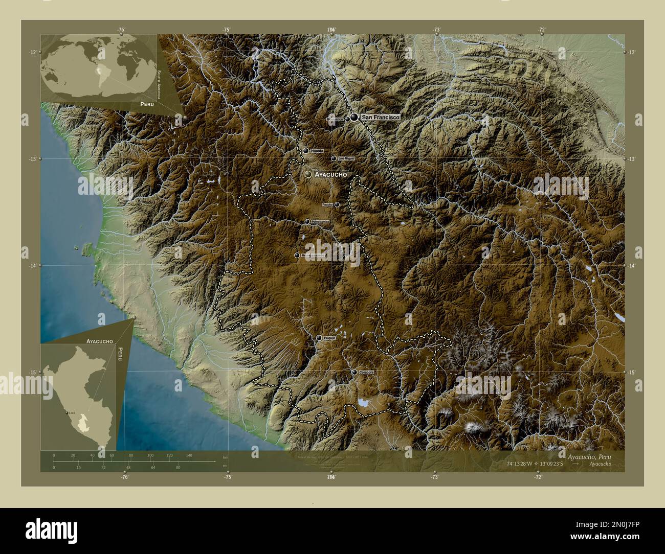 Ayacucho, region of Peru. Elevation map colored in wiki style with ...