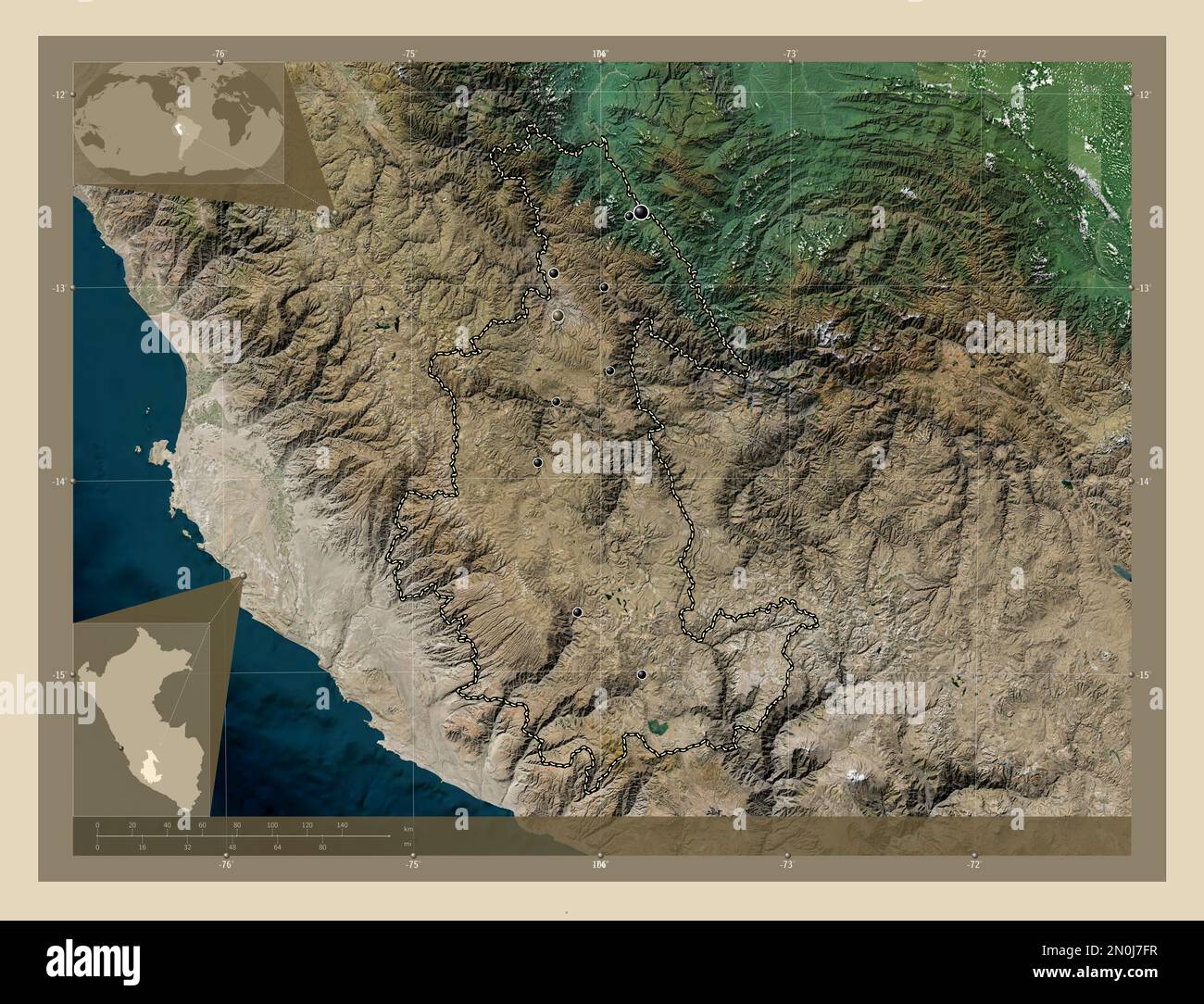 Ayacucho, region of Peru. High resolution satellite map. Locations of ...