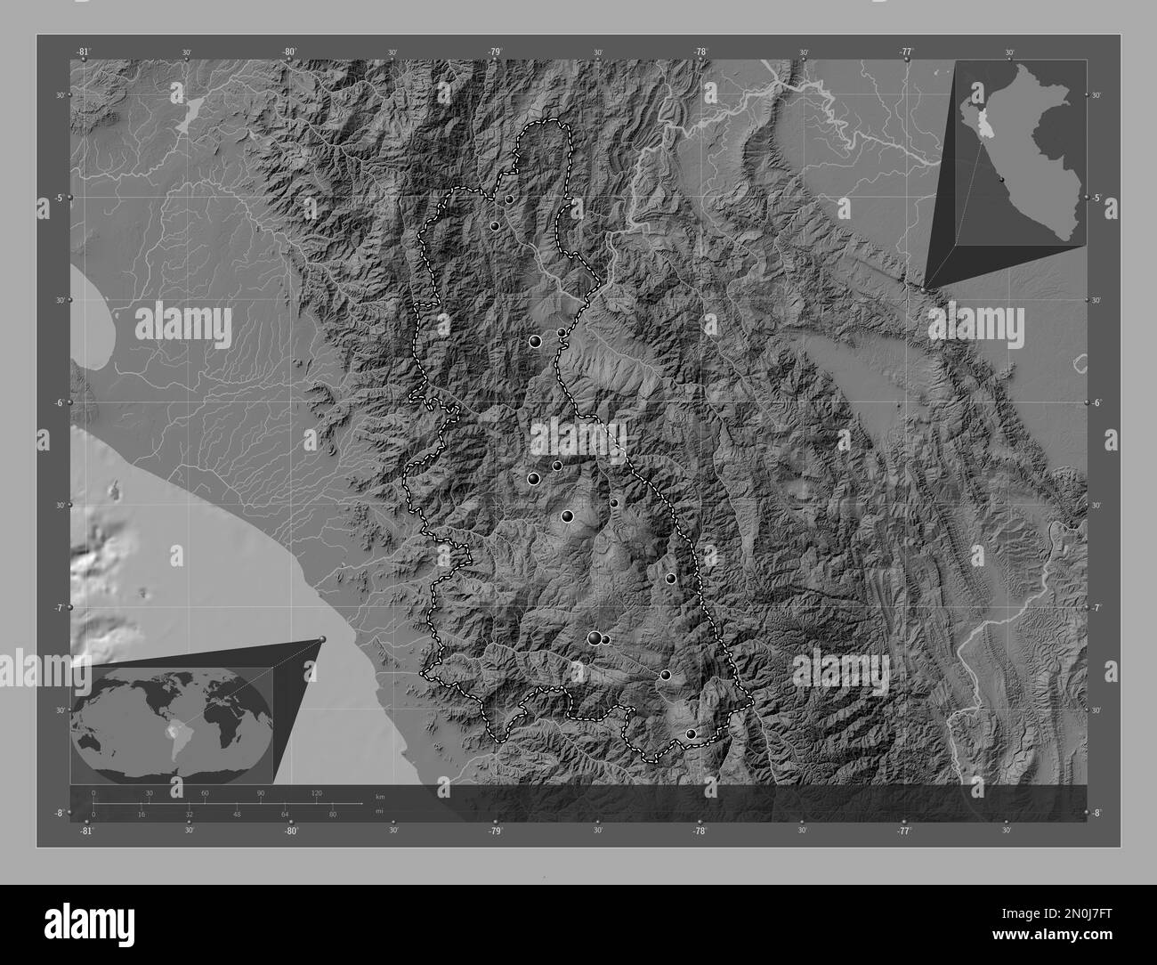 Cajamarca, region of Peru. Bilevel elevation map with lakes and rivers ...