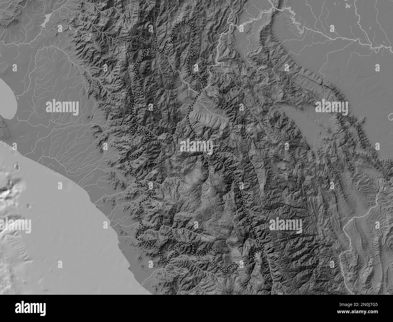 Cajamarca, region of Peru. Bilevel elevation map with lakes and rivers ...