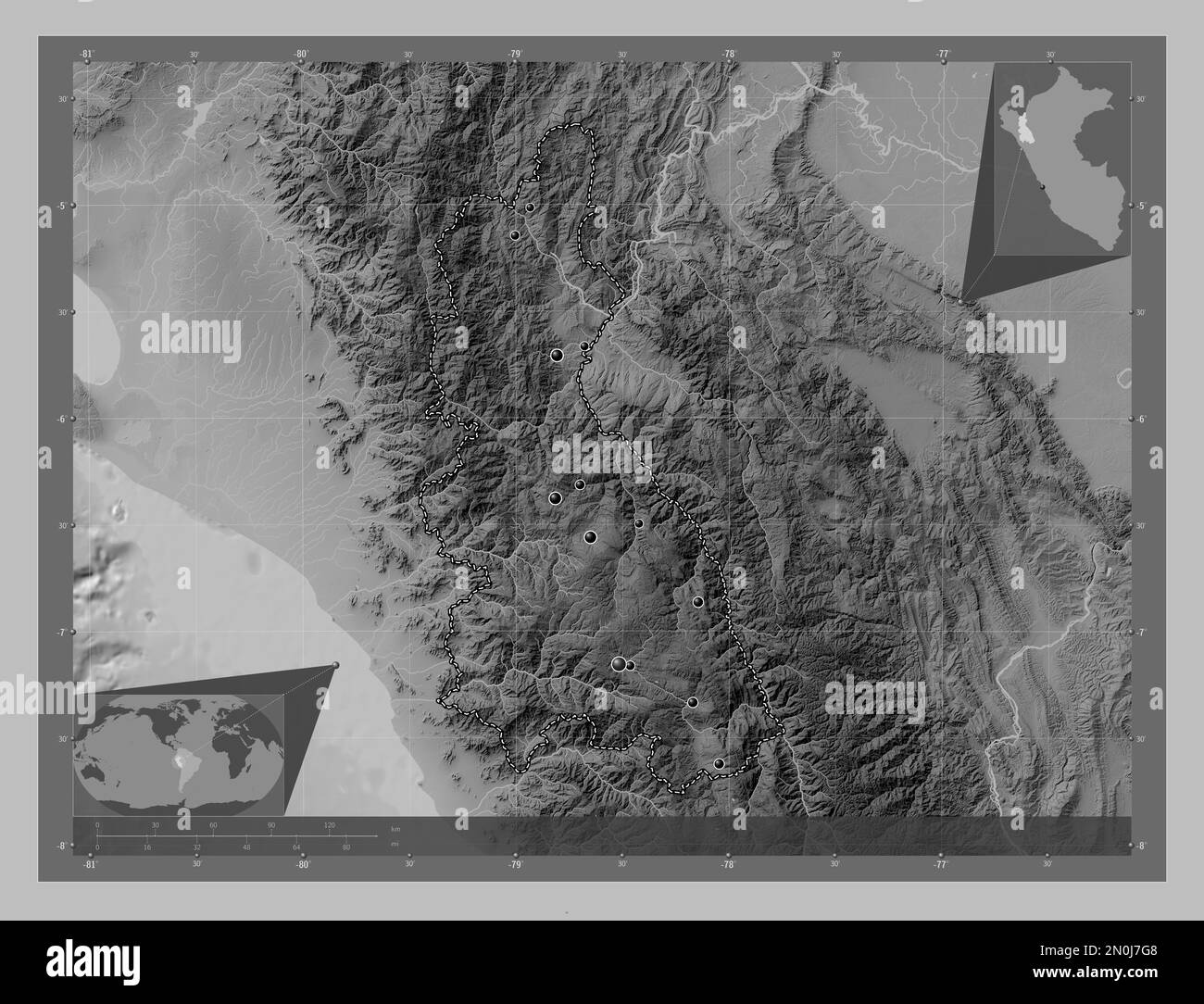 Cajamarca, region of Peru. Grayscale elevation map with lakes and ...