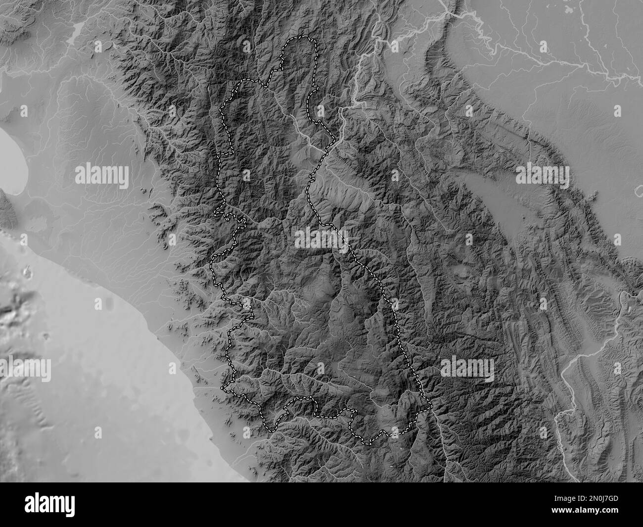 Cajamarca, region of Peru. Grayscale elevation map with lakes and ...