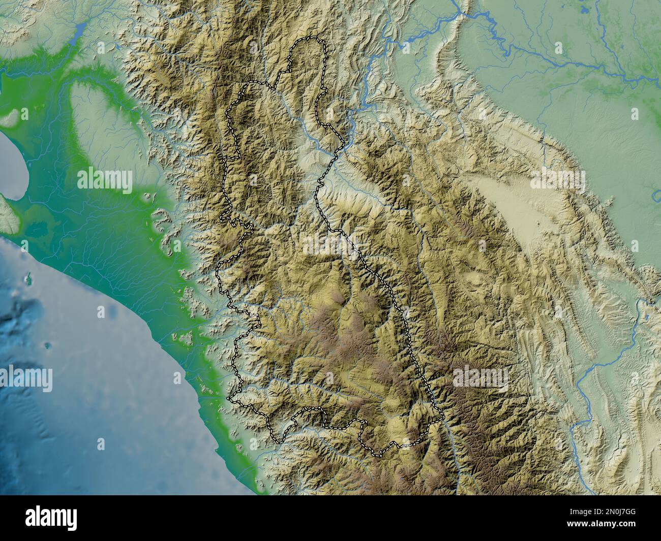 Cajamarca, region of Peru. Colored elevation map with lakes and rivers ...