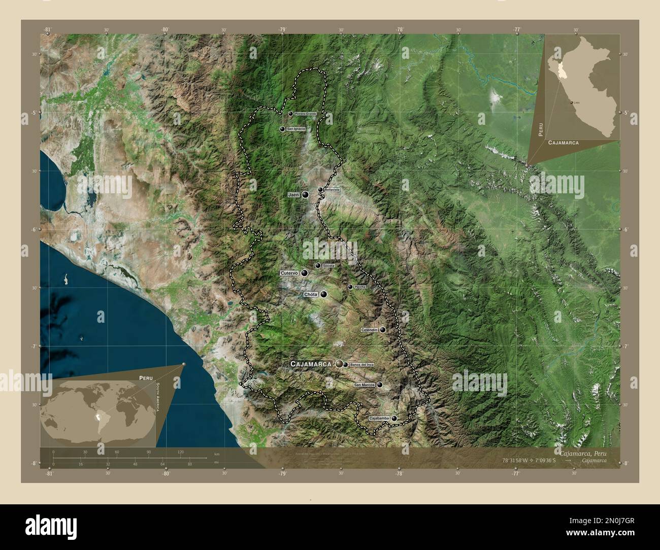 Cajamarca, region of Peru. High resolution satellite map. Locations and ...