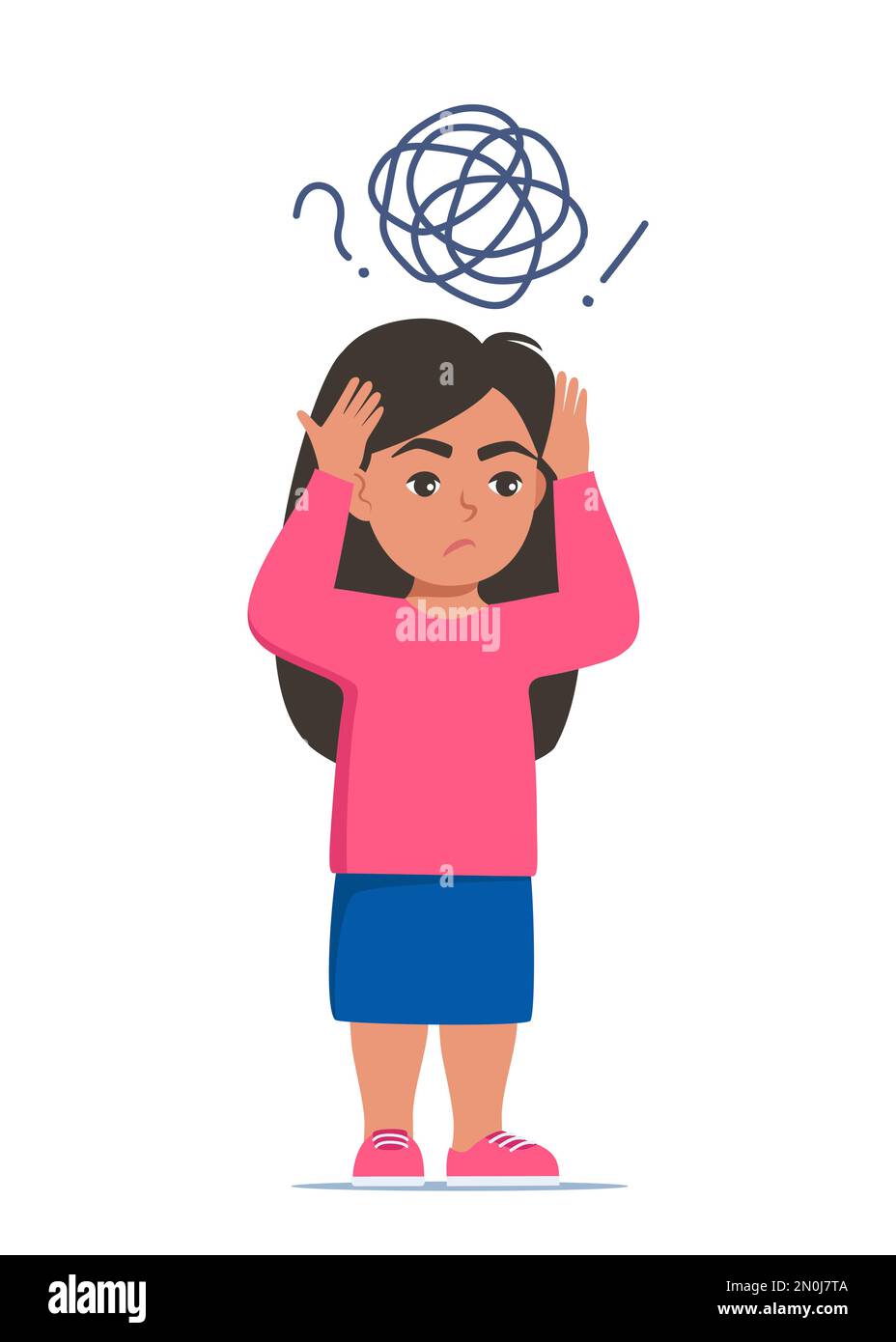 Sad girl standing on floor surrounded by stream of anxious thoughts ...