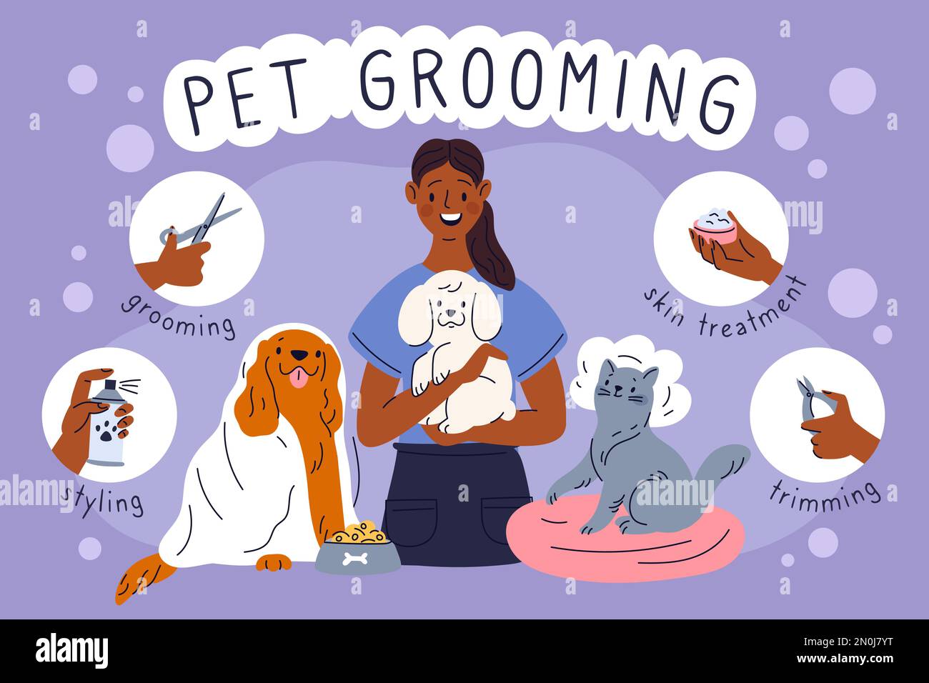 Pet grooming service poster. Animals beauty salon. Cartoon pretty dogs ...