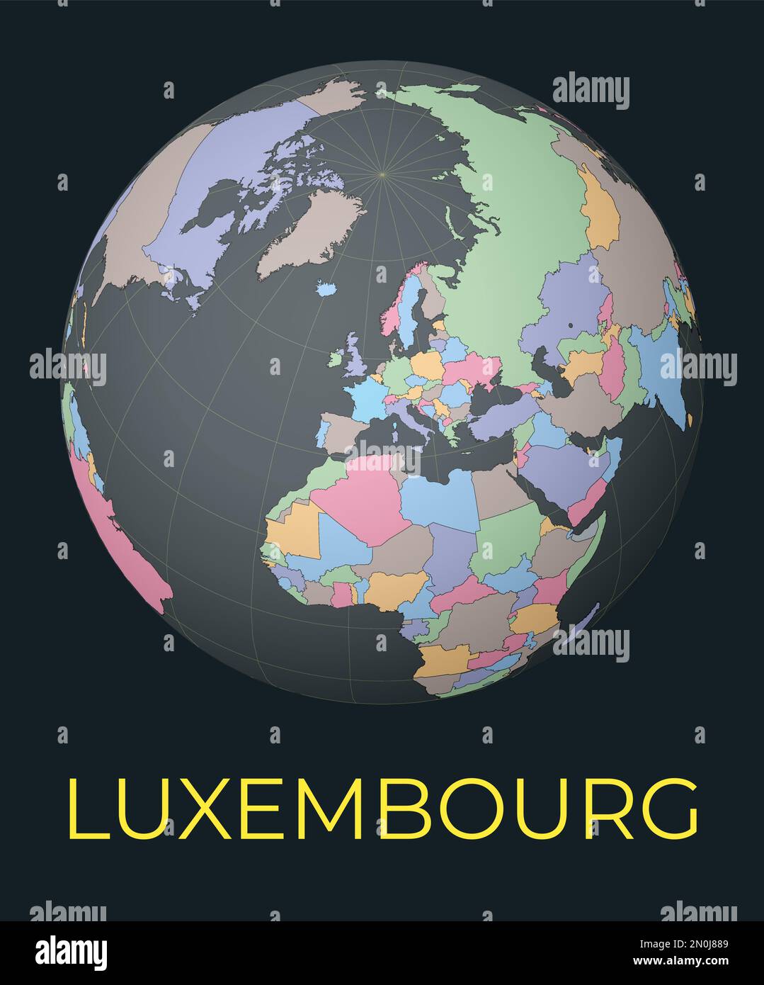 World map centered to Luxembourg. Red country highlighted. Satellite ...