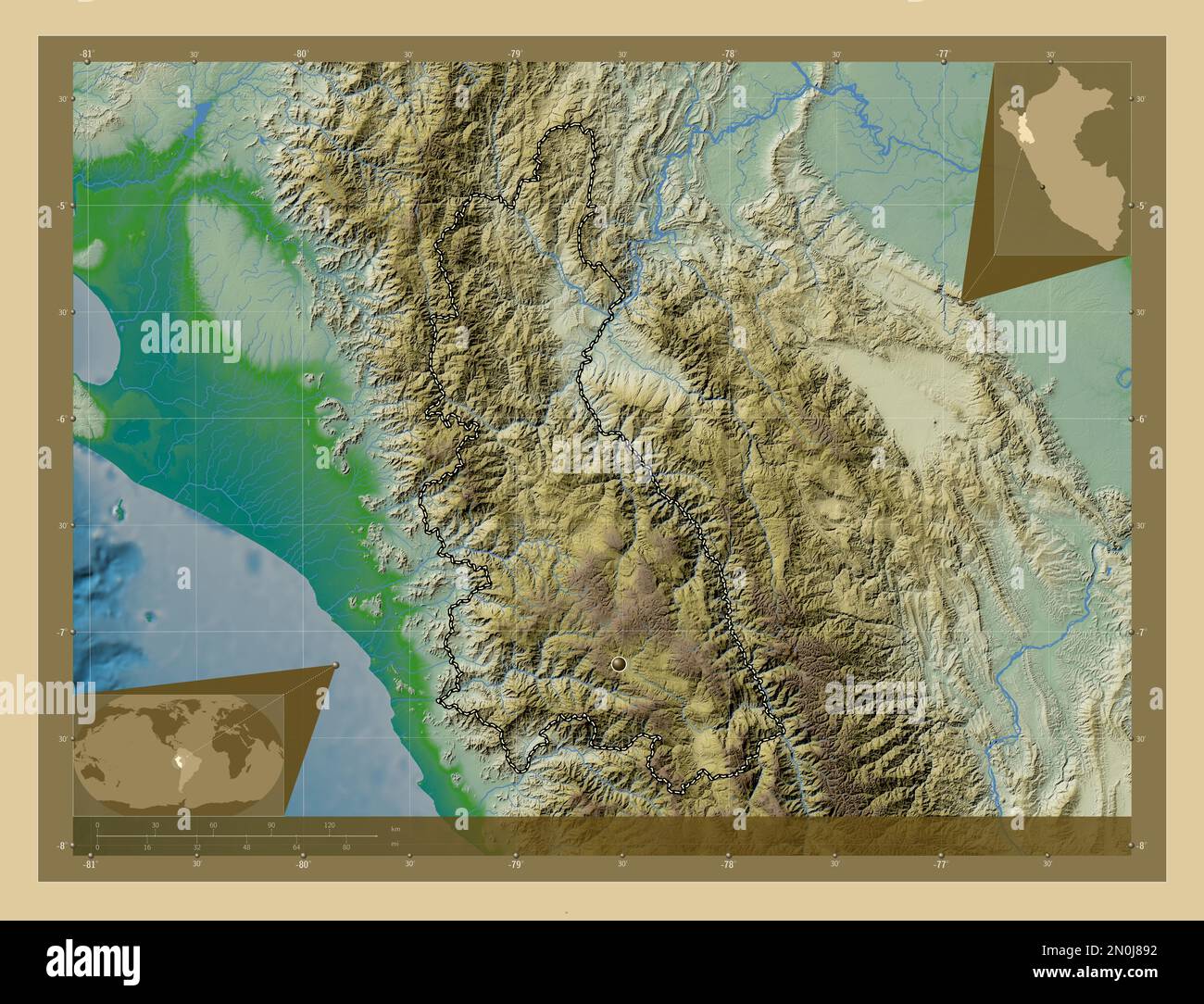 Cajamarca, region of Peru. Colored elevation map with lakes and rivers ...