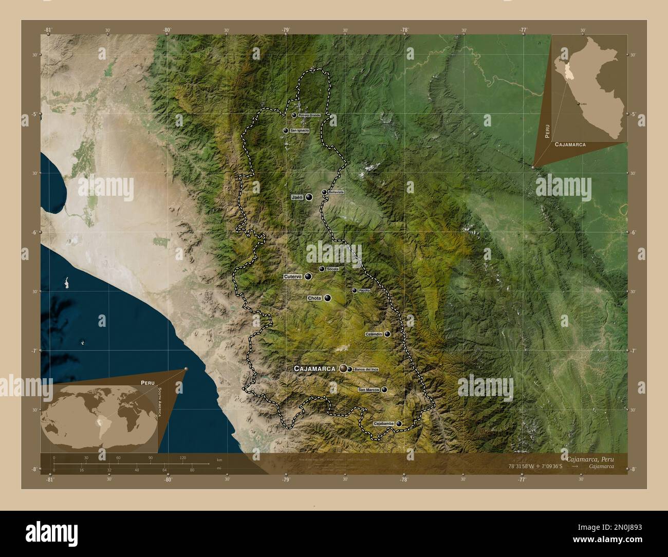 Cajamarca, region of Peru. Low resolution satellite map. Locations and ...