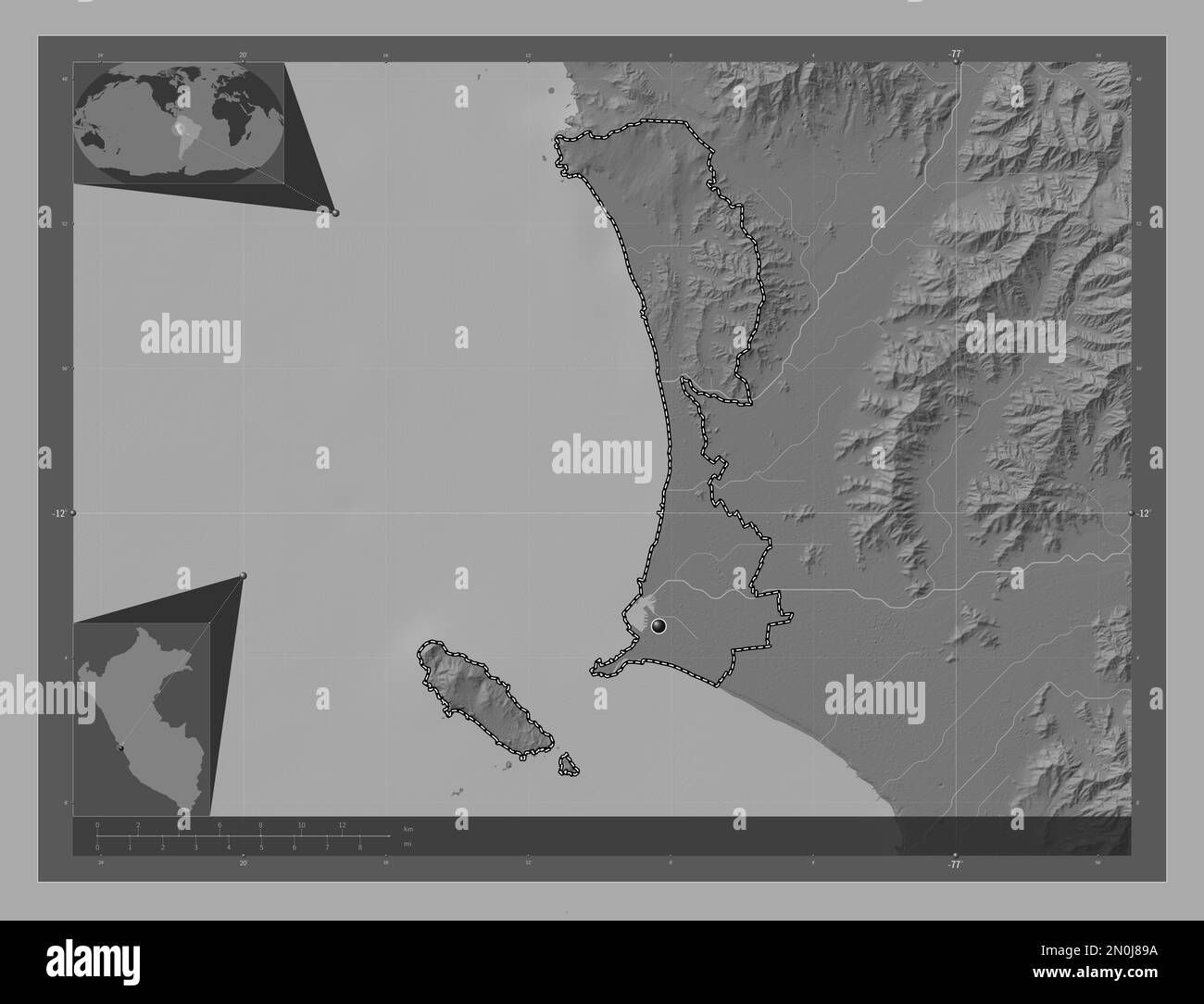 Callao, province of Peru. Bilevel elevation map with lakes and rivers ...