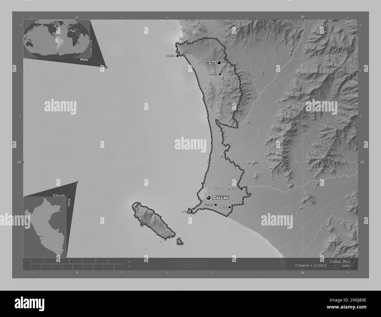 Callao, province of Peru. Grayscale elevation map with lakes and rivers ...