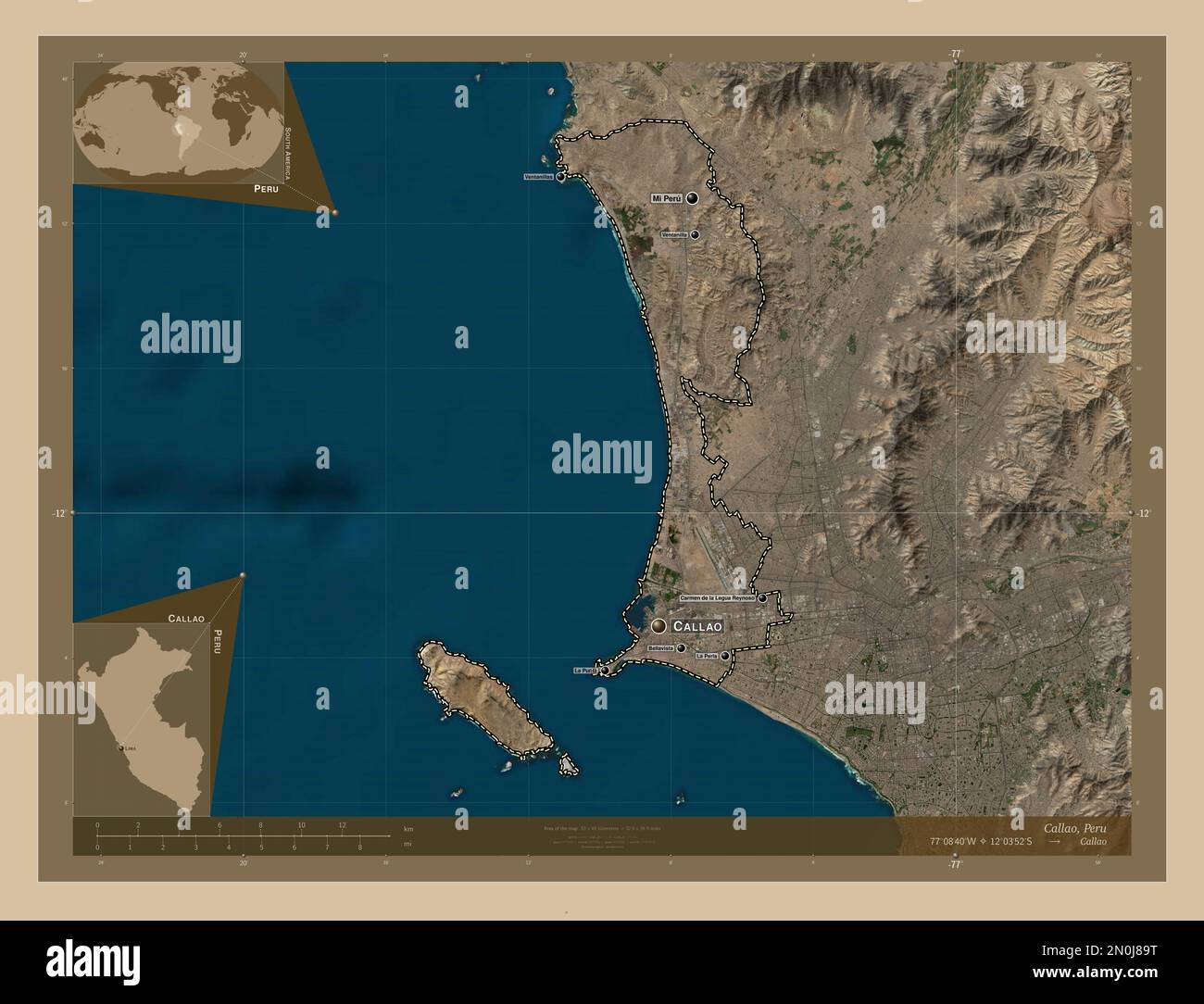 Callao, province of Peru. Low resolution satellite map. Locations and ...