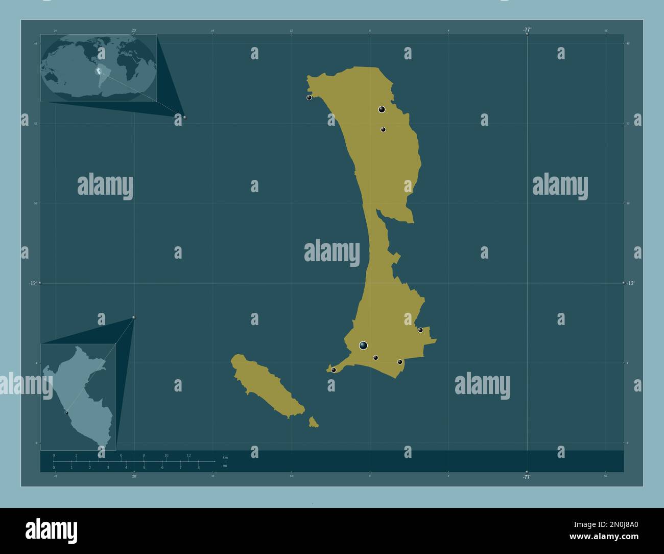 Callao, province of Peru. Solid color shape. Locations of major cities ...