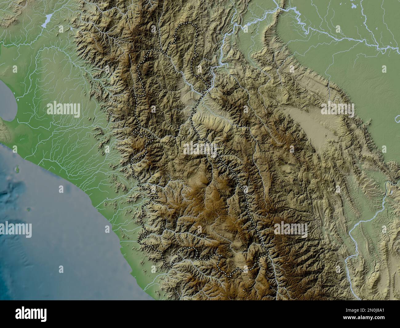 Cajamarca, region of Peru. Elevation map colored in wiki style with lakes and rivers Stock Photo ...