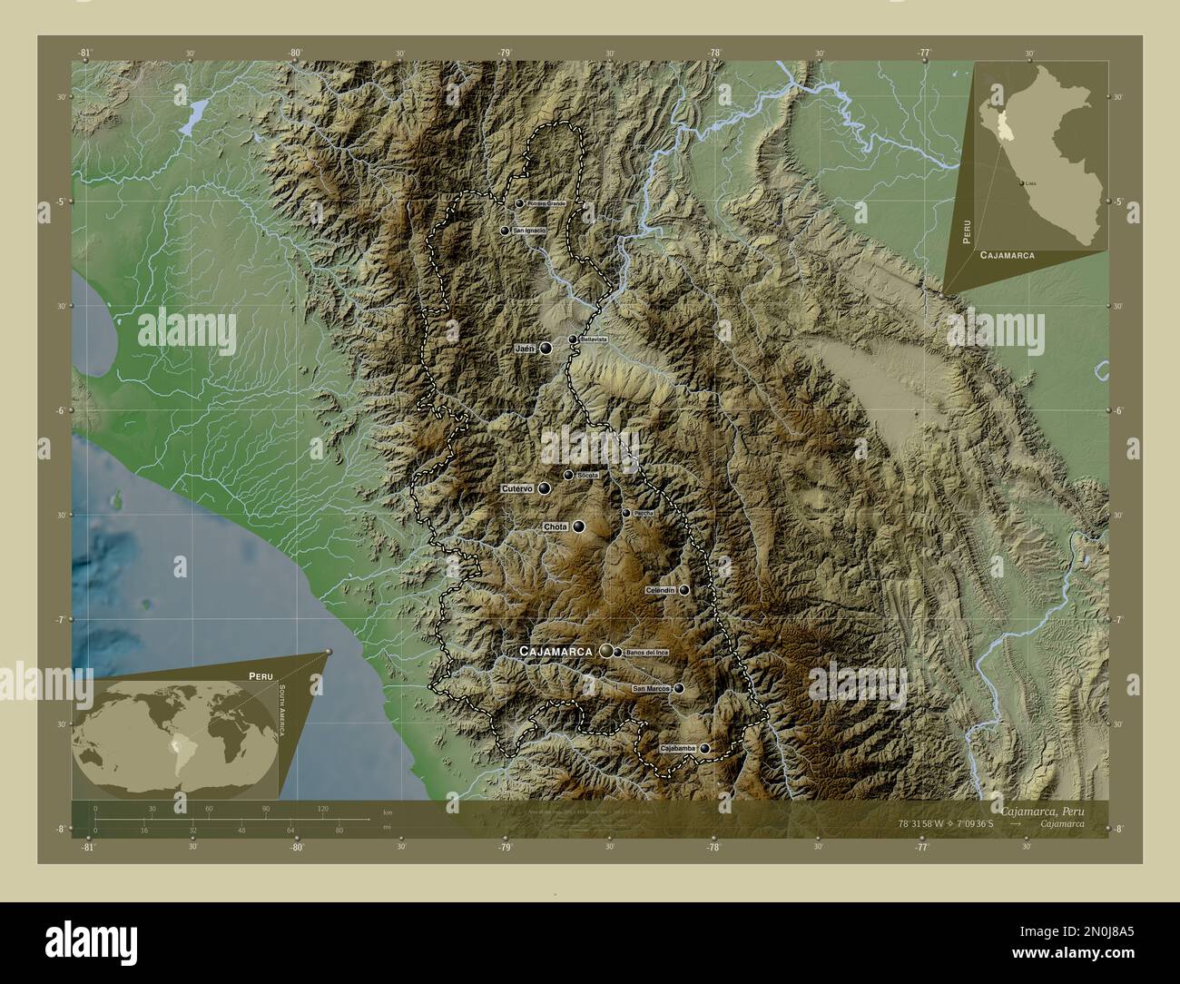 Cajamarca, region of Peru. Elevation map colored in wiki style with lakes and rivers. Locations ...