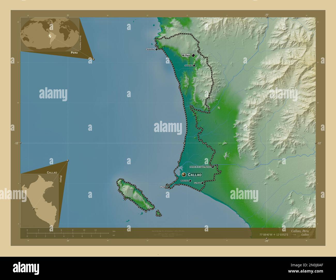 Callao, province of Peru. Colored elevation map with lakes and rivers ...