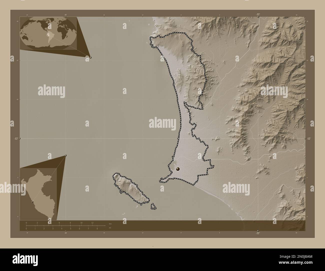 Callao, province of Peru. Elevation map colored in sepia tones with ...