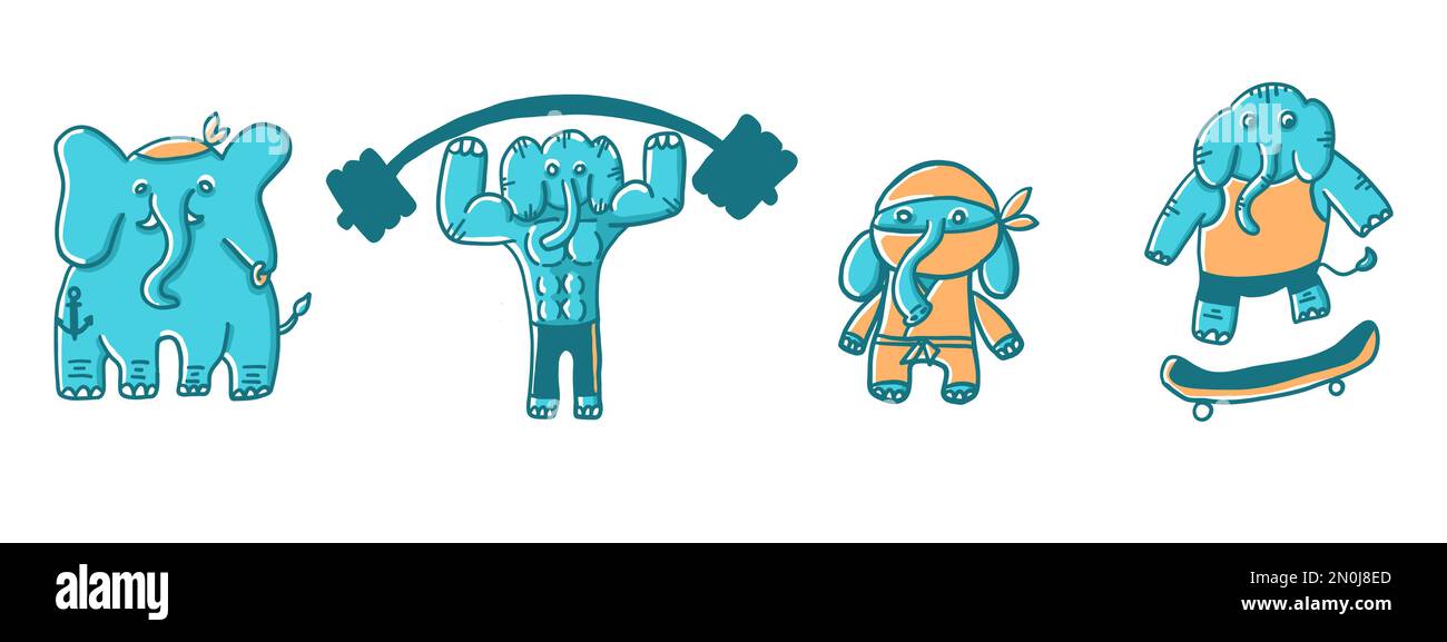 Sport elephants. Vector illustrations in cartoon flat style isolated on ...