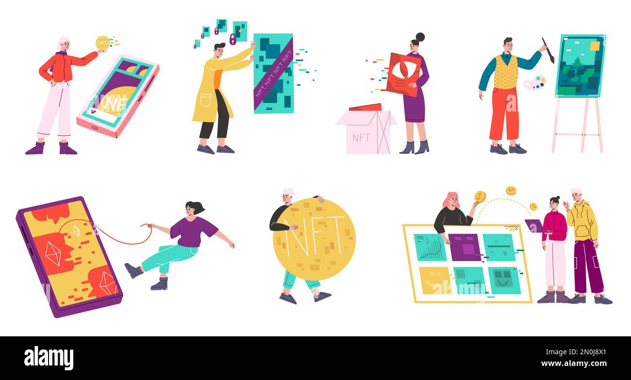 People create NFT art. Cryptography masterpieces buying and selling ...