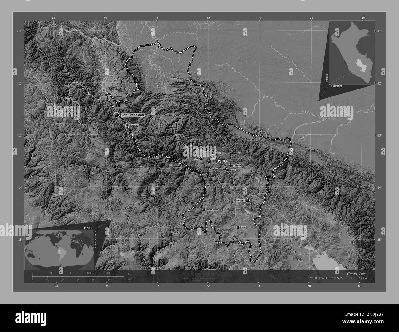 Cusco, region of Peru. Bilevel elevation map with lakes and rivers ...