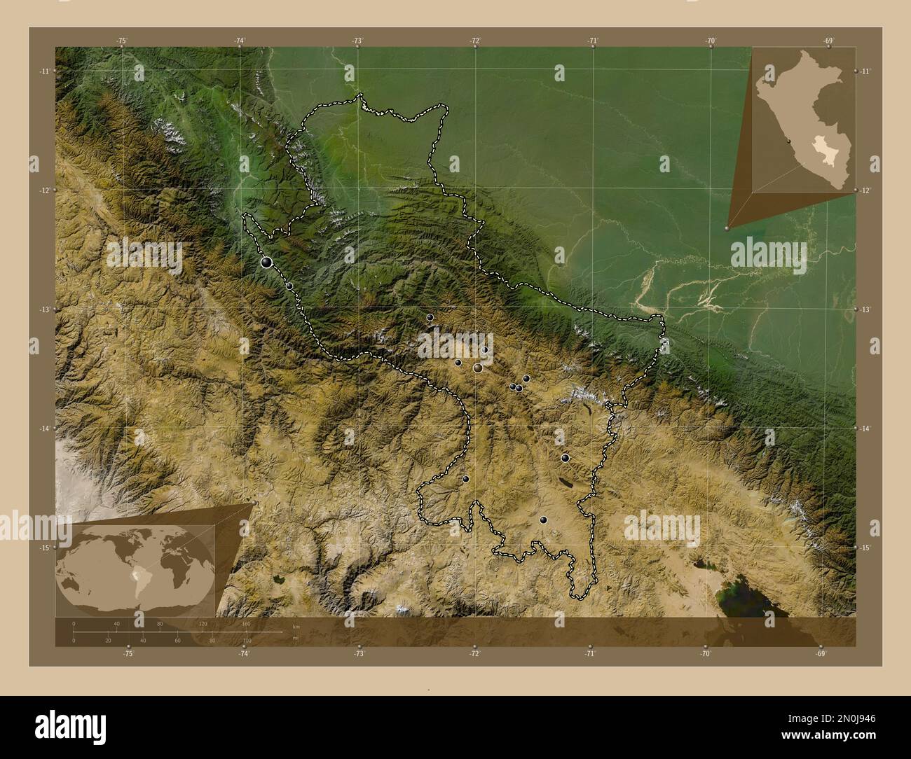 Cusco, region of Peru. Low resolution satellite map. Locations of major ...