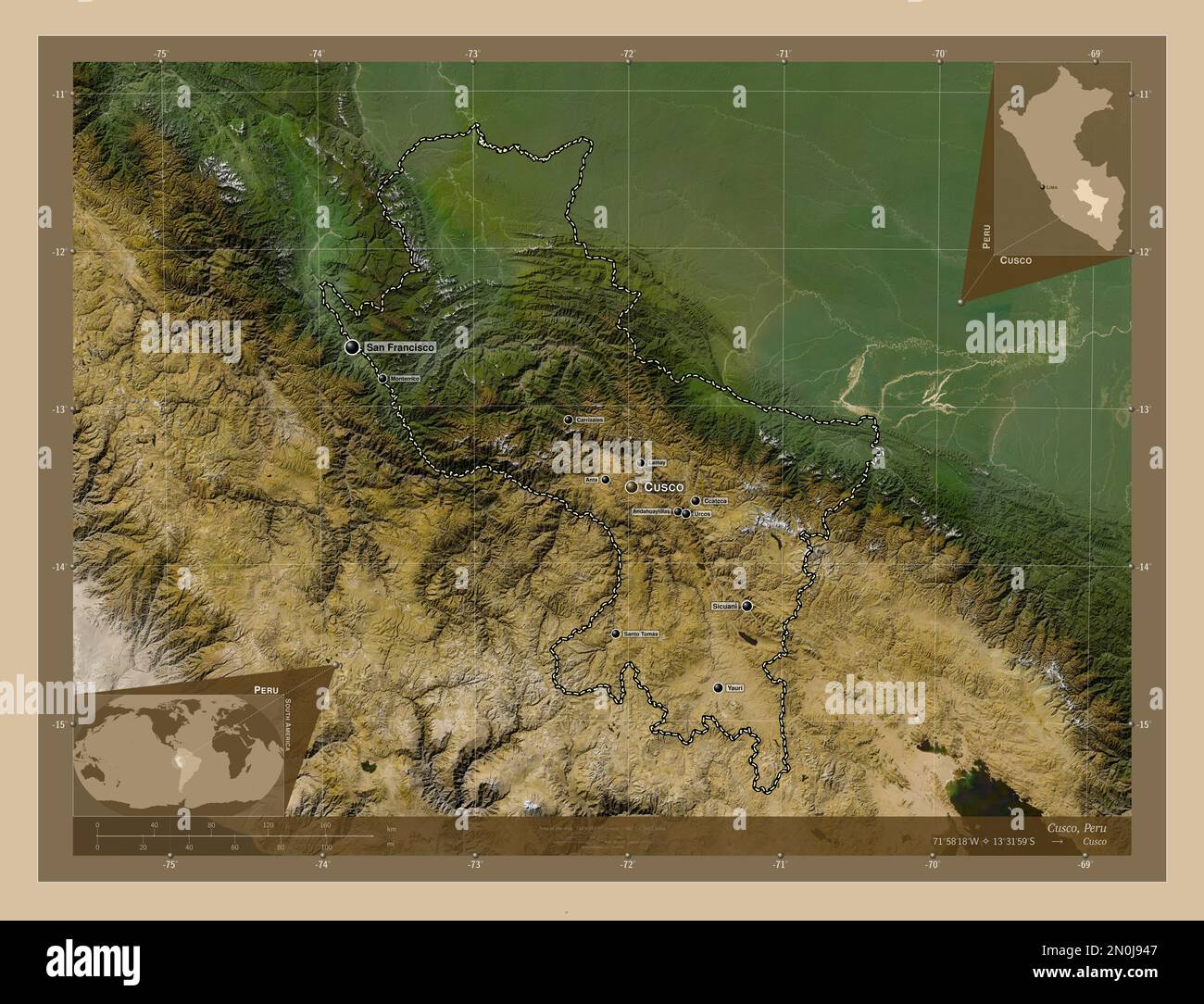 Cusco, region of Peru. Low resolution satellite map. Locations and ...