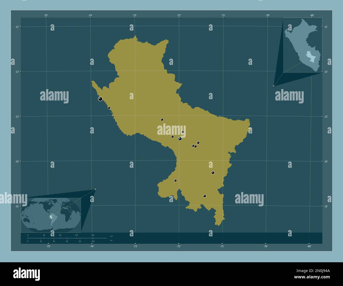 Cusco, region of Peru. Solid color shape. Locations of major cities of ...