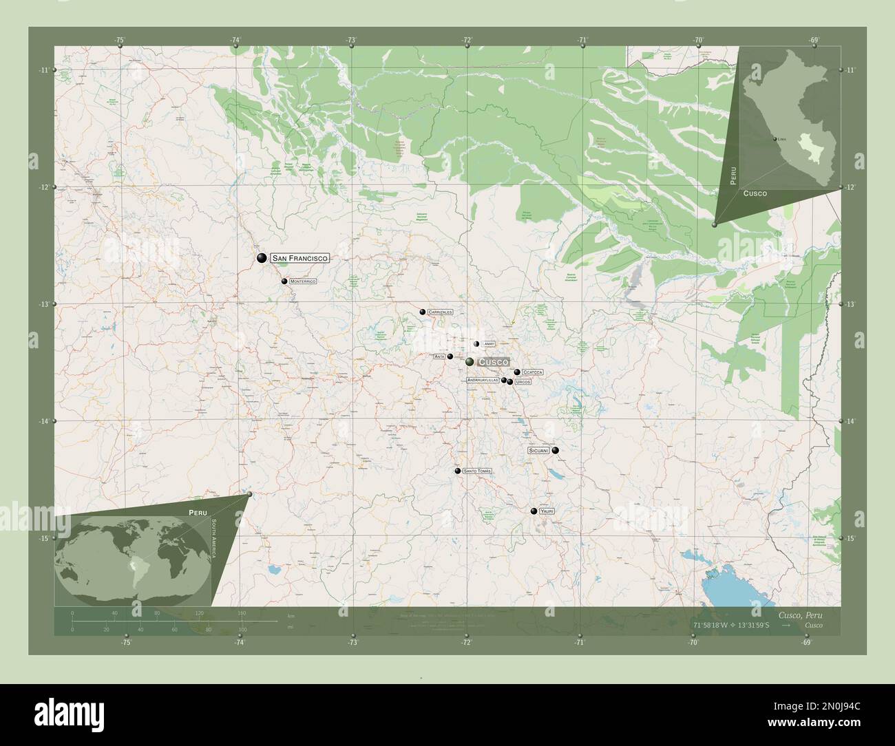 Cusco, region of Peru. Open Street Map. Locations and names of major ...