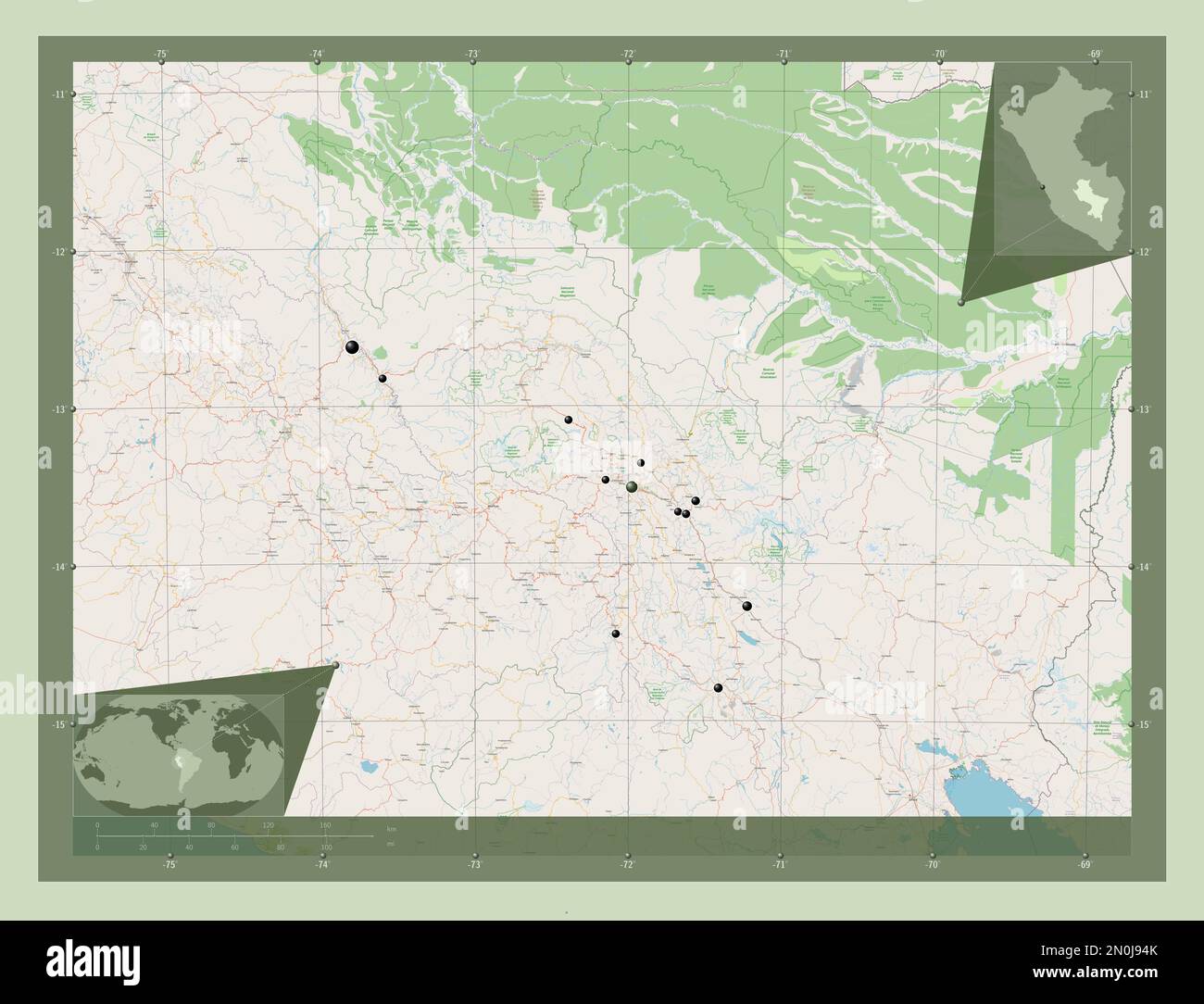 Cusco, region of Peru. Open Street Map. Locations of major cities of ...