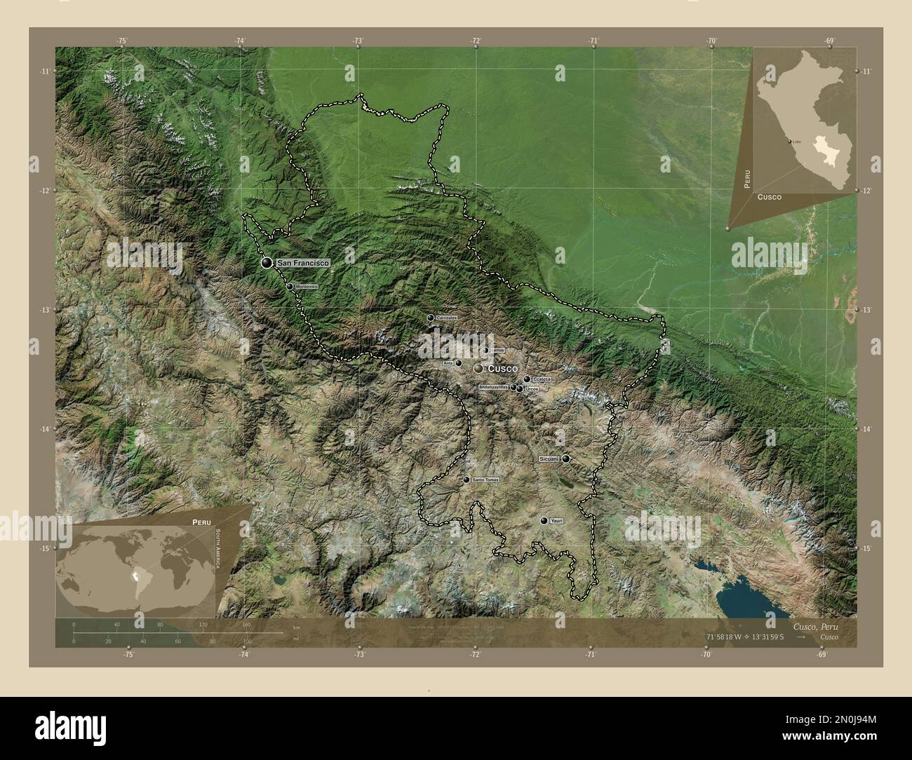 Cusco, region of Peru. High resolution satellite map. Locations and ...