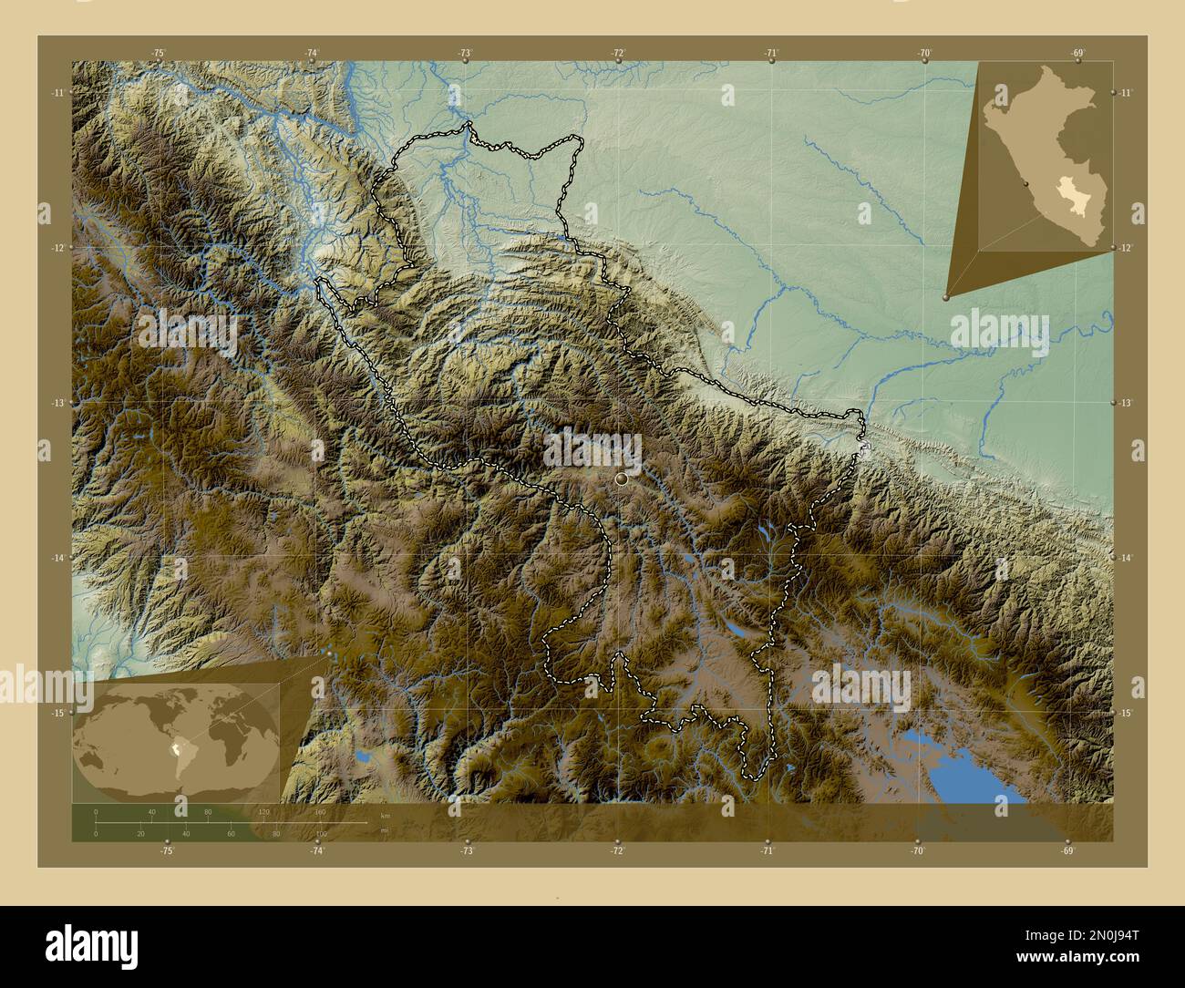 Cusco, region of Peru. Colored elevation map with lakes and rivers. Corner auxiliary location ...