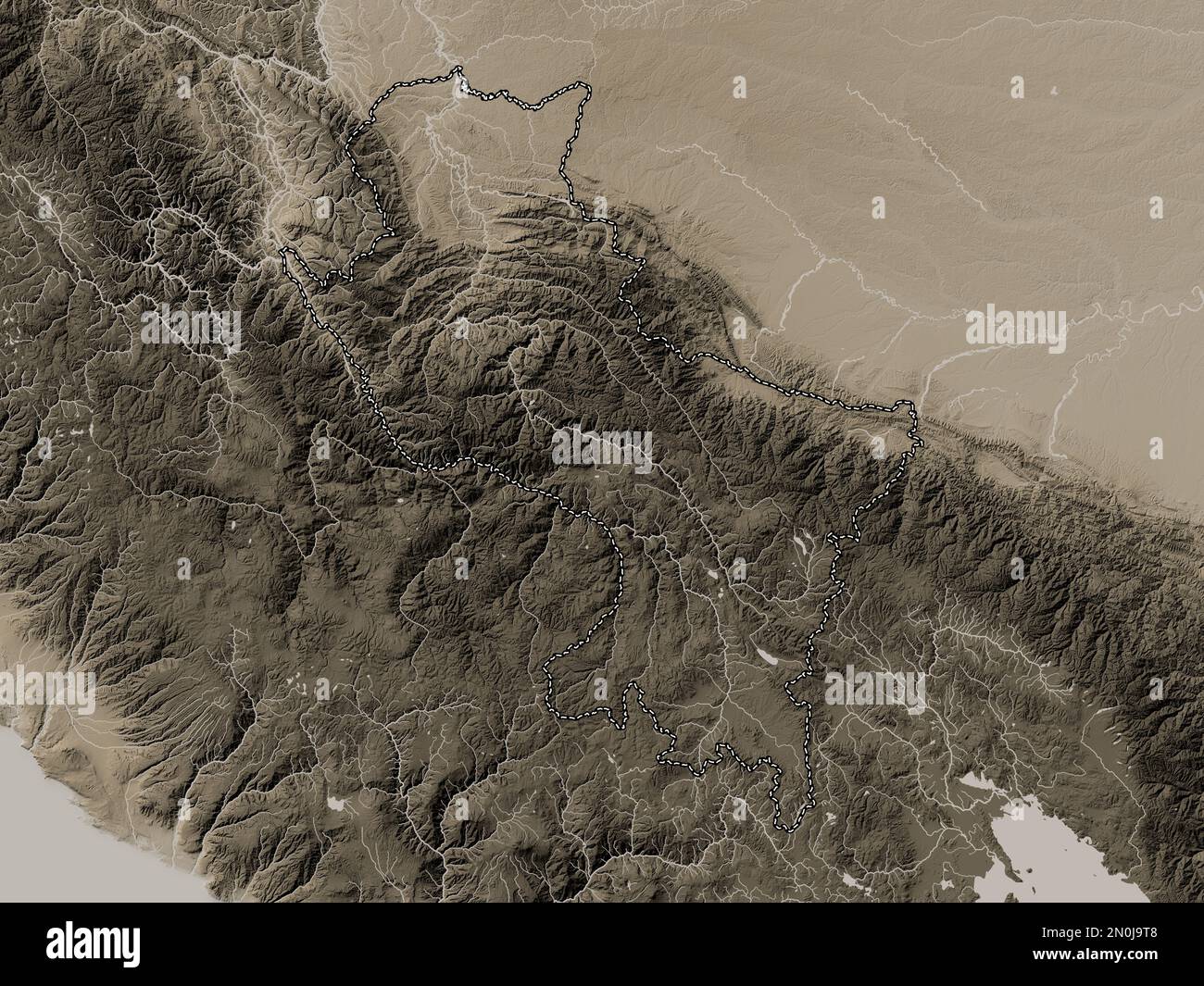 Cusco, region of Peru. Elevation map colored in sepia tones with lakes ...