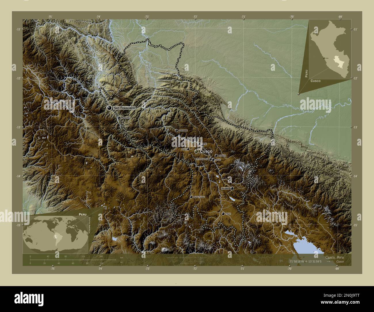 Cusco, region of Peru. Elevation map colored in wiki style with lakes and rivers. Locations and ...