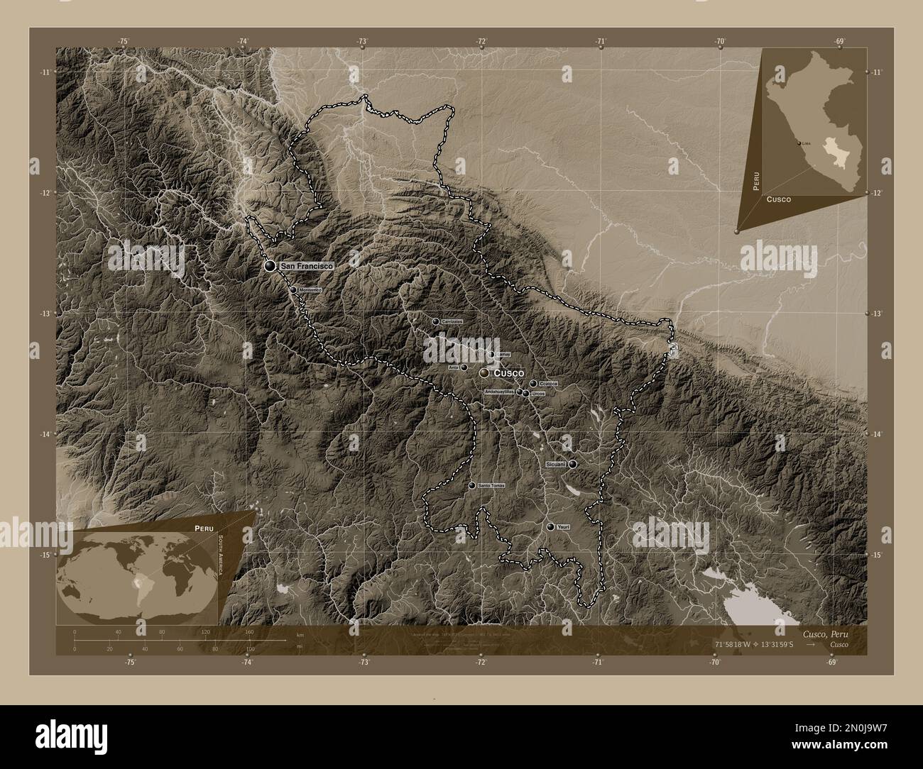 Cusco, region of Peru. Elevation map colored in sepia tones with lakes ...