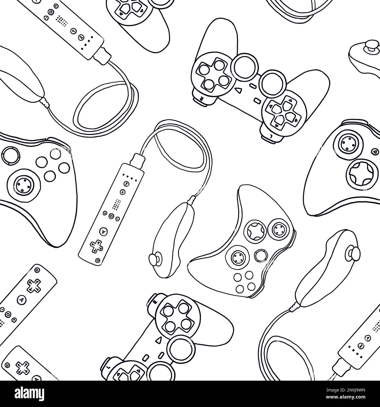 Seamless Pattern Of Game Controllers Vector Illustration In Hand Drawn Outline Flat Style On