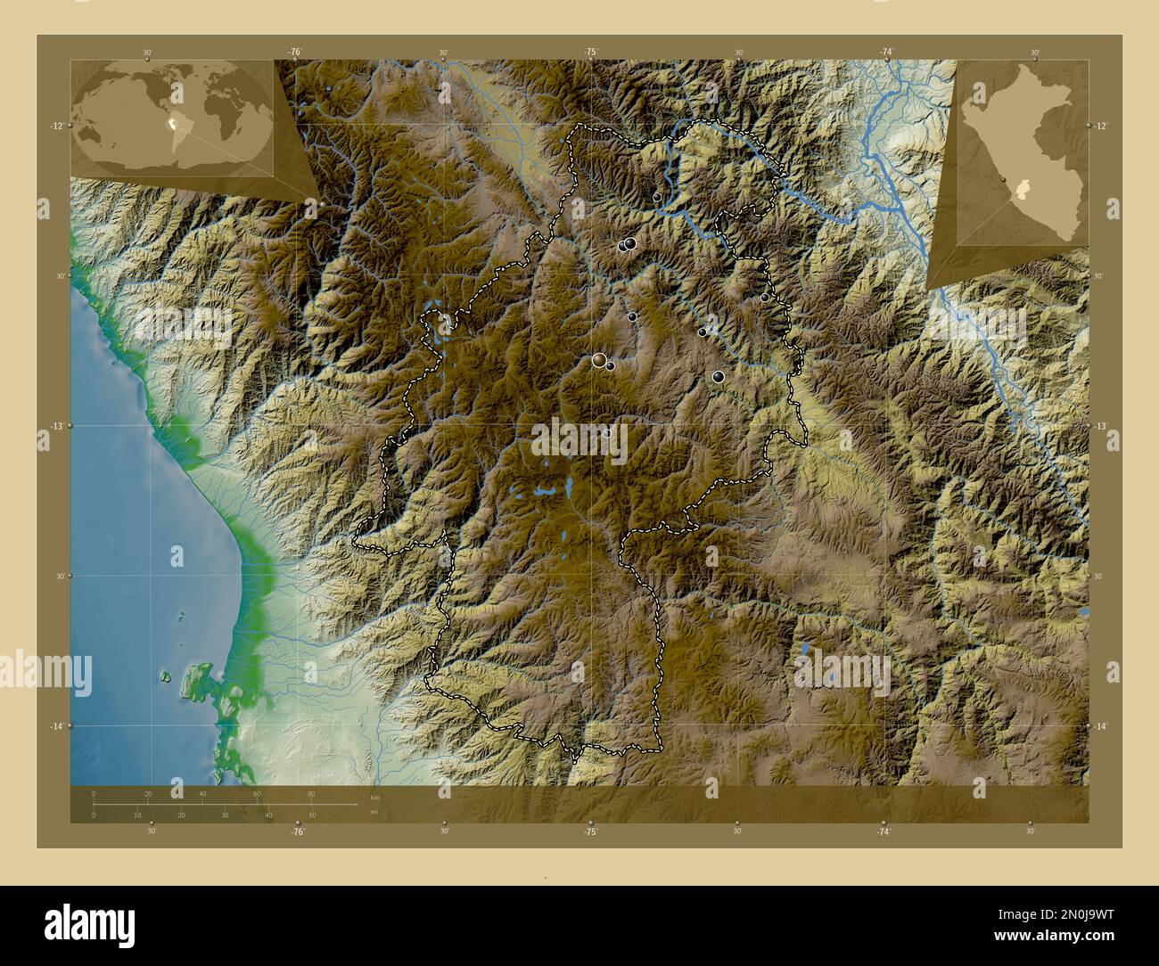 Huancavelica, region of Peru. Colored elevation map with lakes and ...
