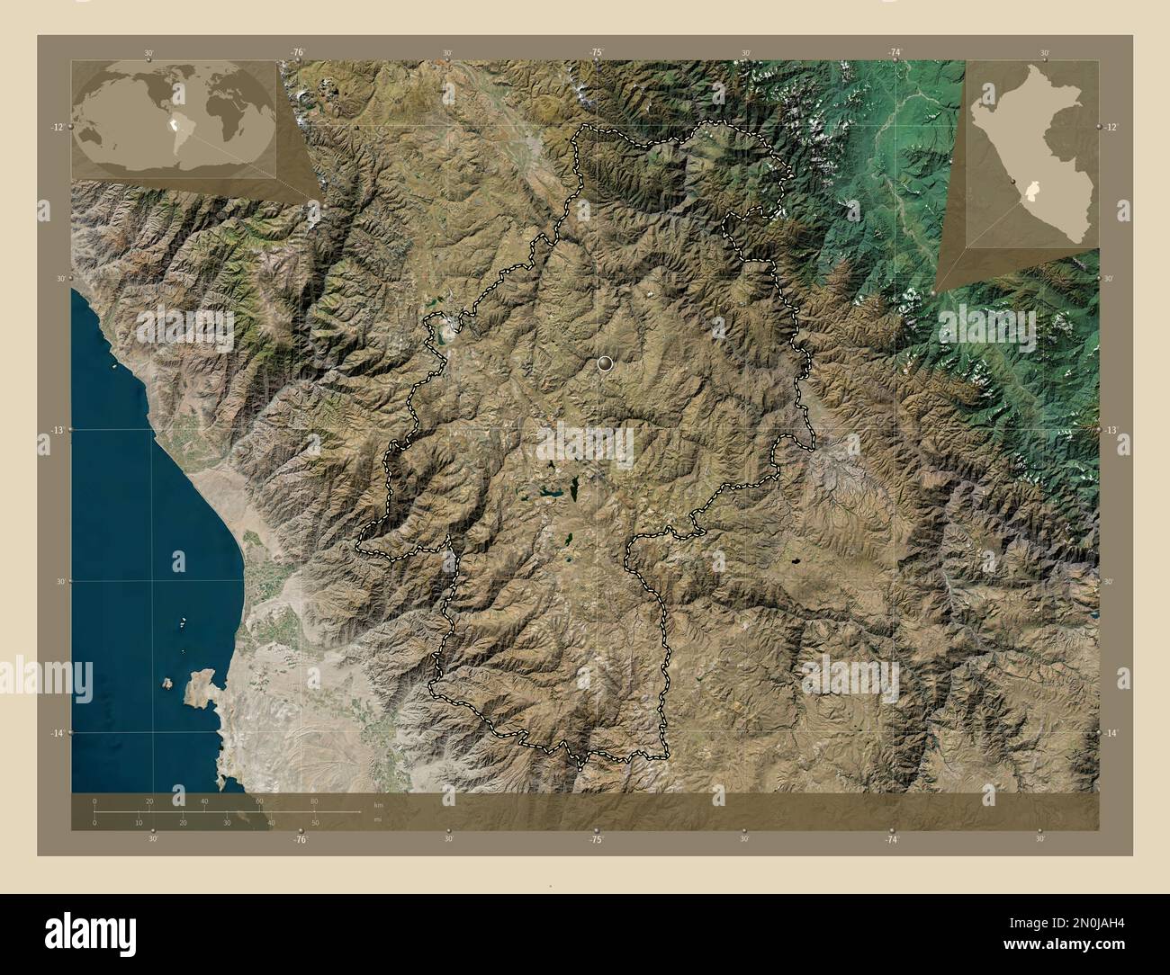 Huancavelica, region of Peru. High resolution satellite map. Corner ...