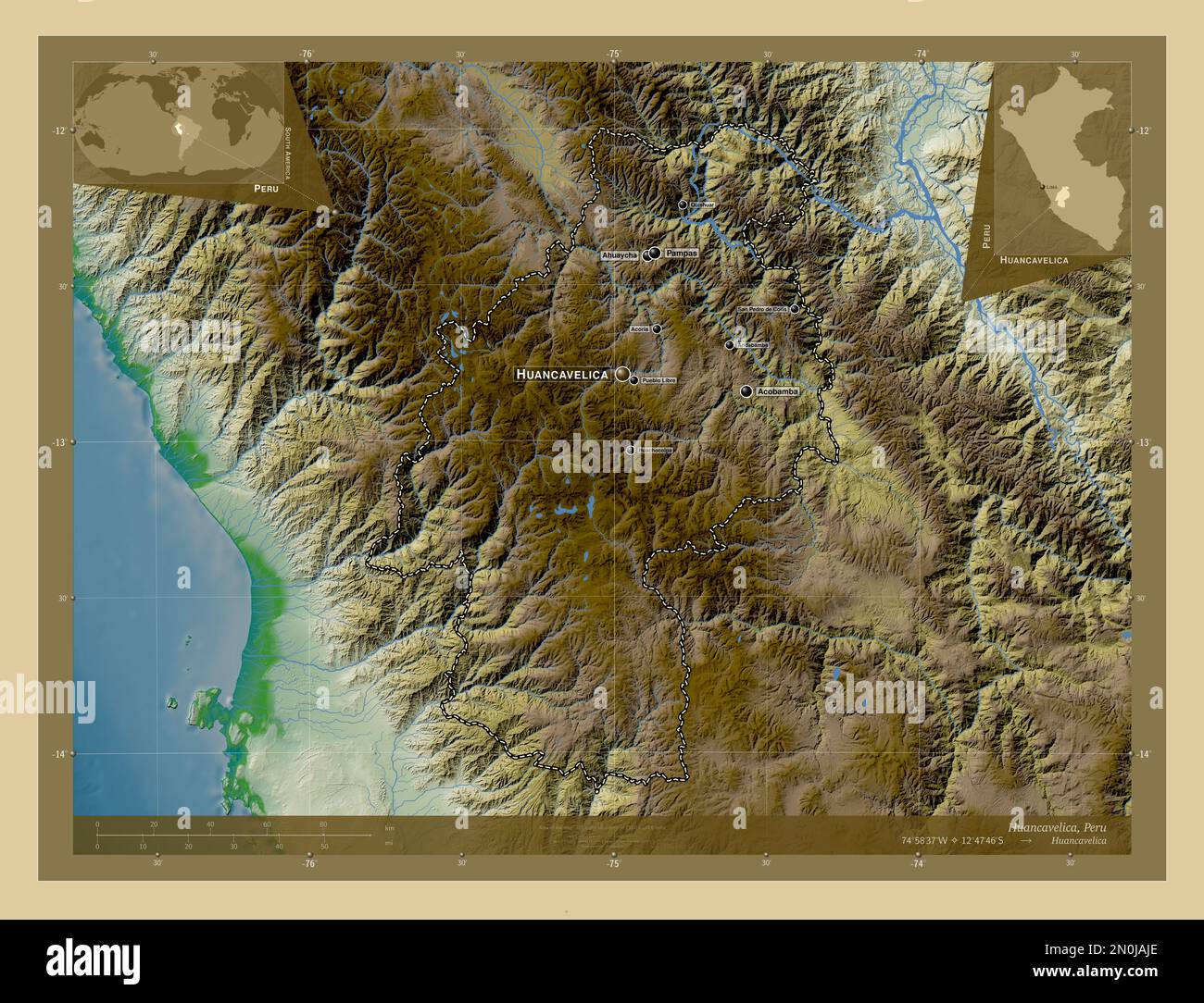 Huancavelica, region of Peru. Colored elevation map with lakes and ...