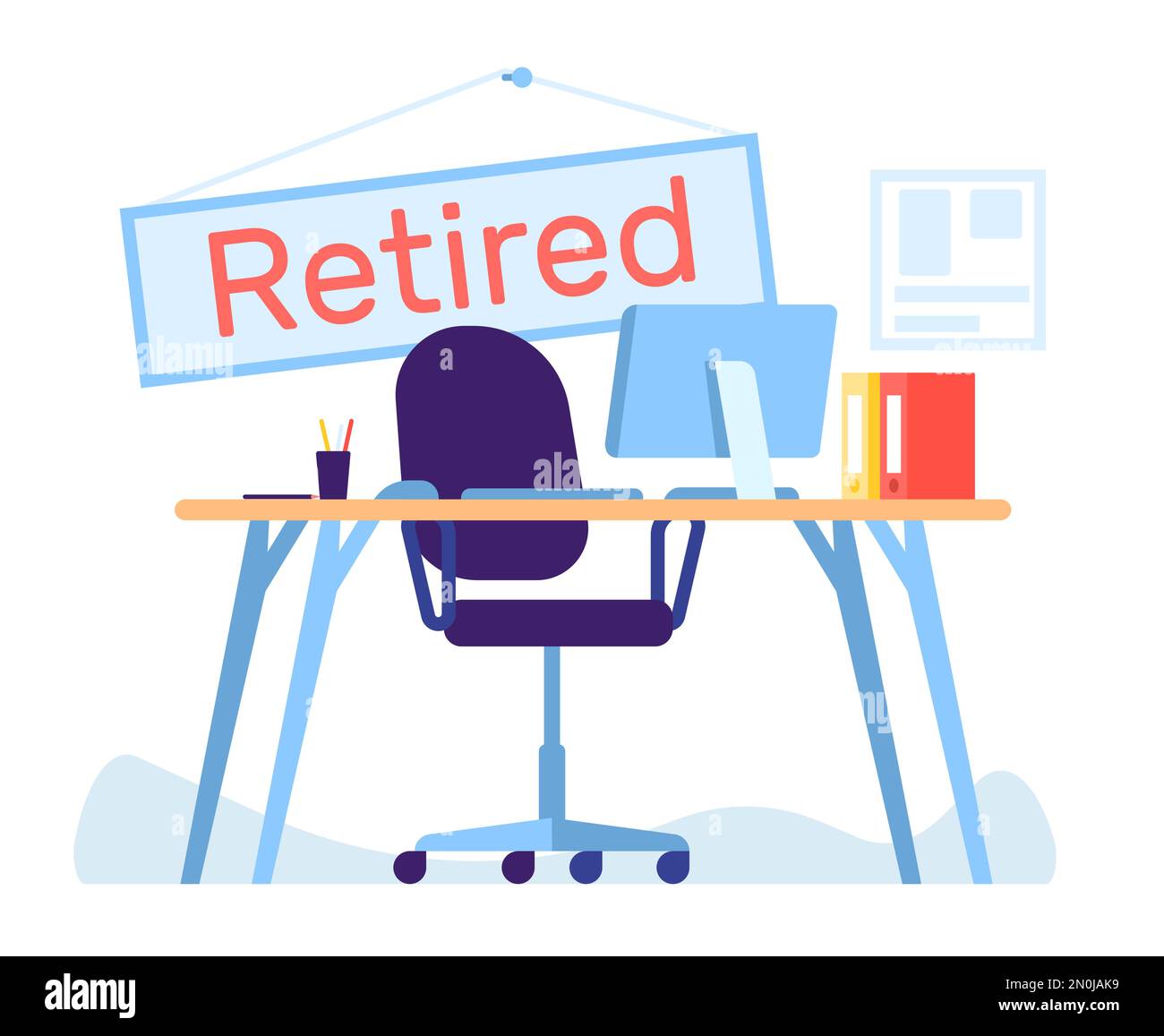 Vacant workplace. Workers desk with placard for retirement. Office ...
